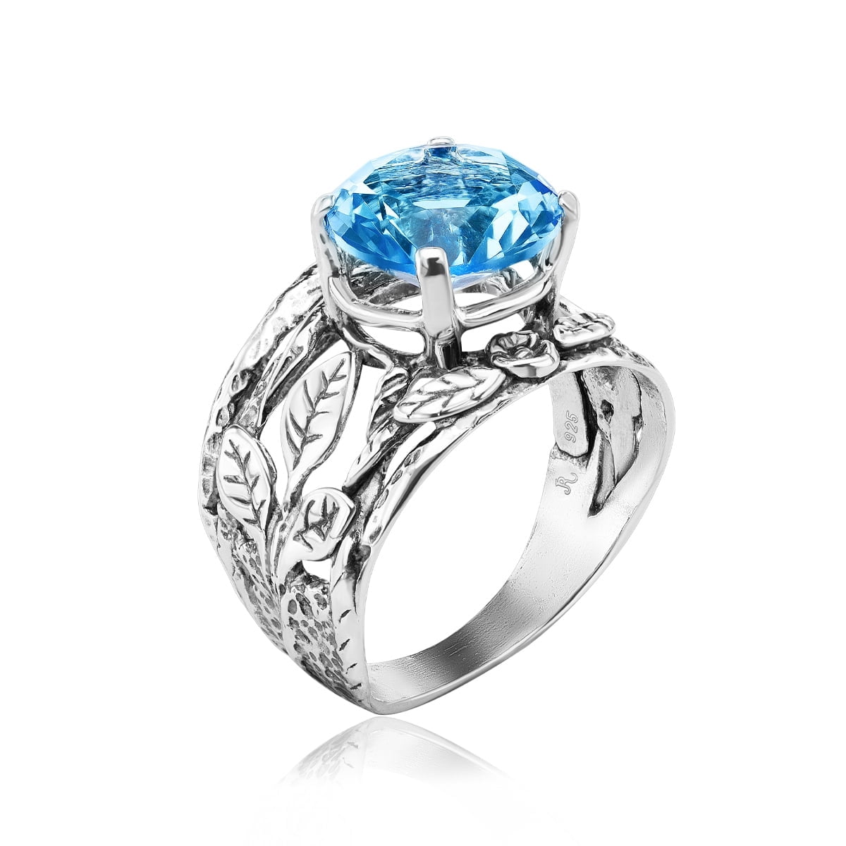 925 Sterling Silver Ring With Round Blue Crystal, Flower Nature ...