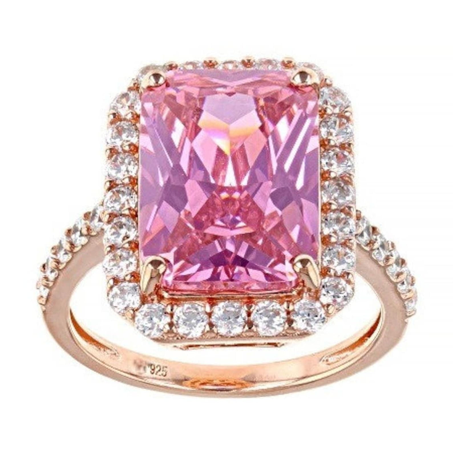 925 Sterling Silver Ring with Emerald Cut Pink Sparkling Topaz and CZ ...