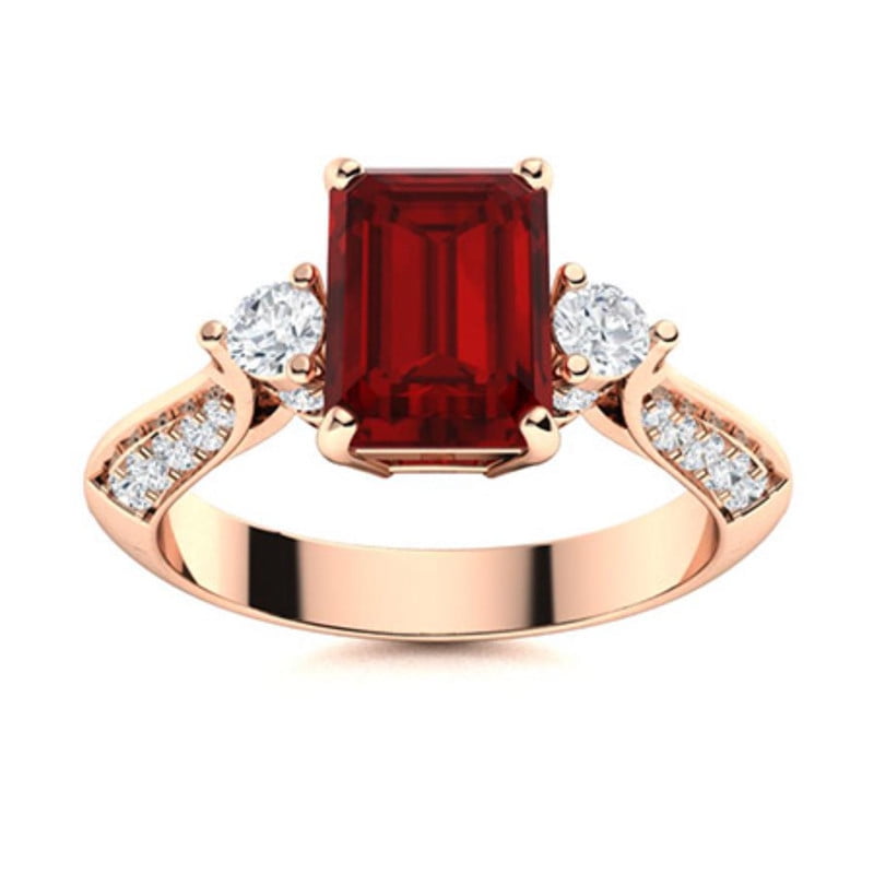 925 Sterling Silver Rose Plated Three Stone 8x6MM Emerald Cut Red ...