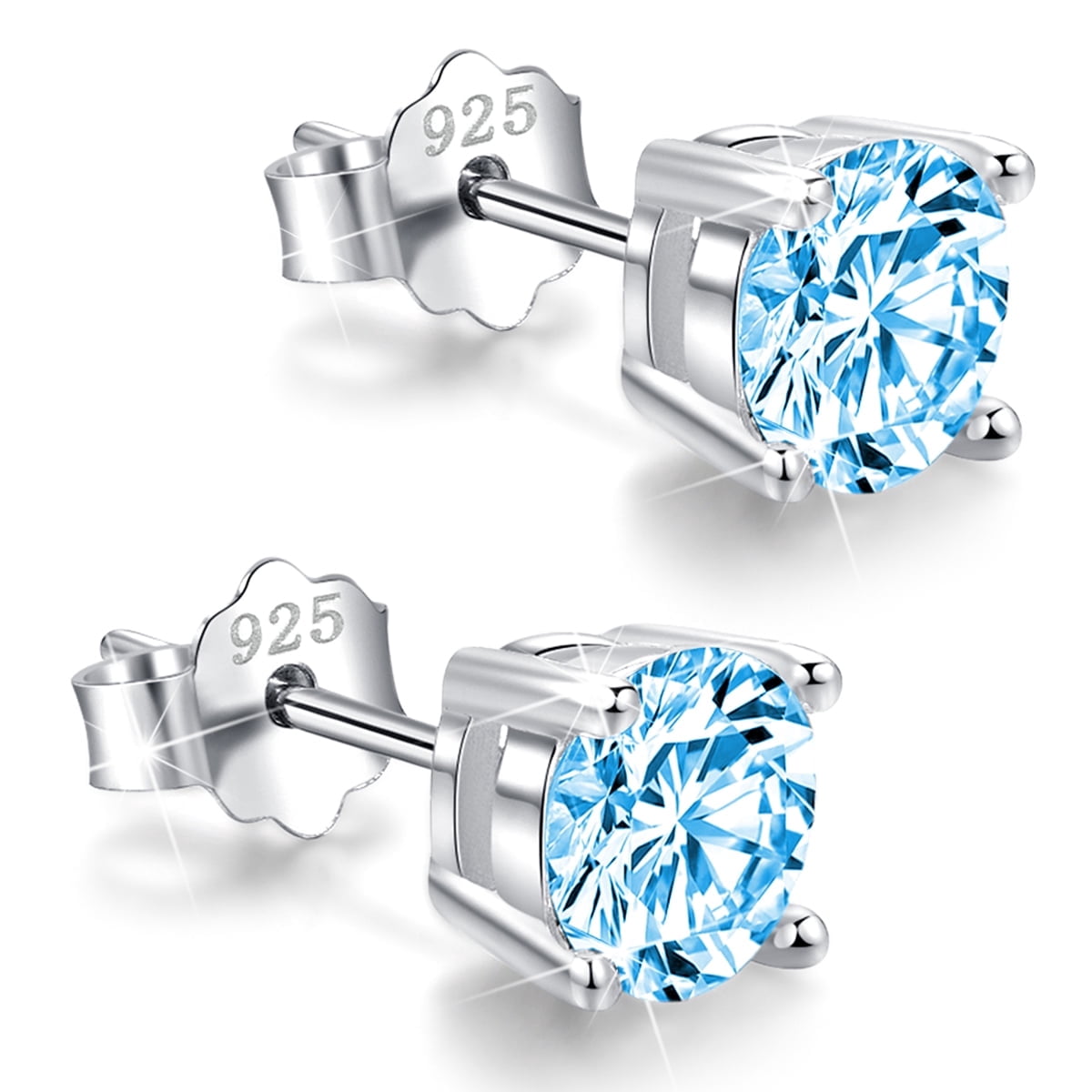 925 Sterling Silver Round-Cut Blue Cubic Zirconia Stud Earrings 3mm ...