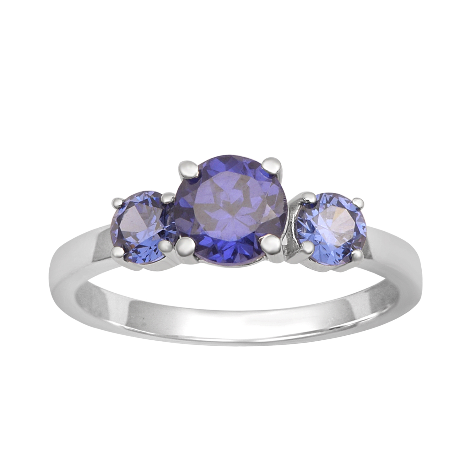 Three Stones Princess Center Simulated Tanzanite Cubic Zirconia Ring Sterling Silver 925 ...
