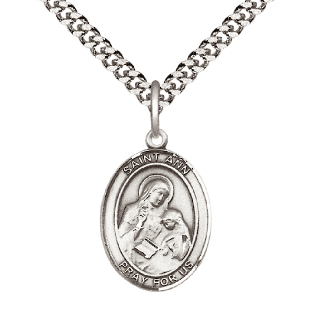 .925 Sterling Silver Saint Ann Medal Pendant on 24 Inch Endless Rhodium ...