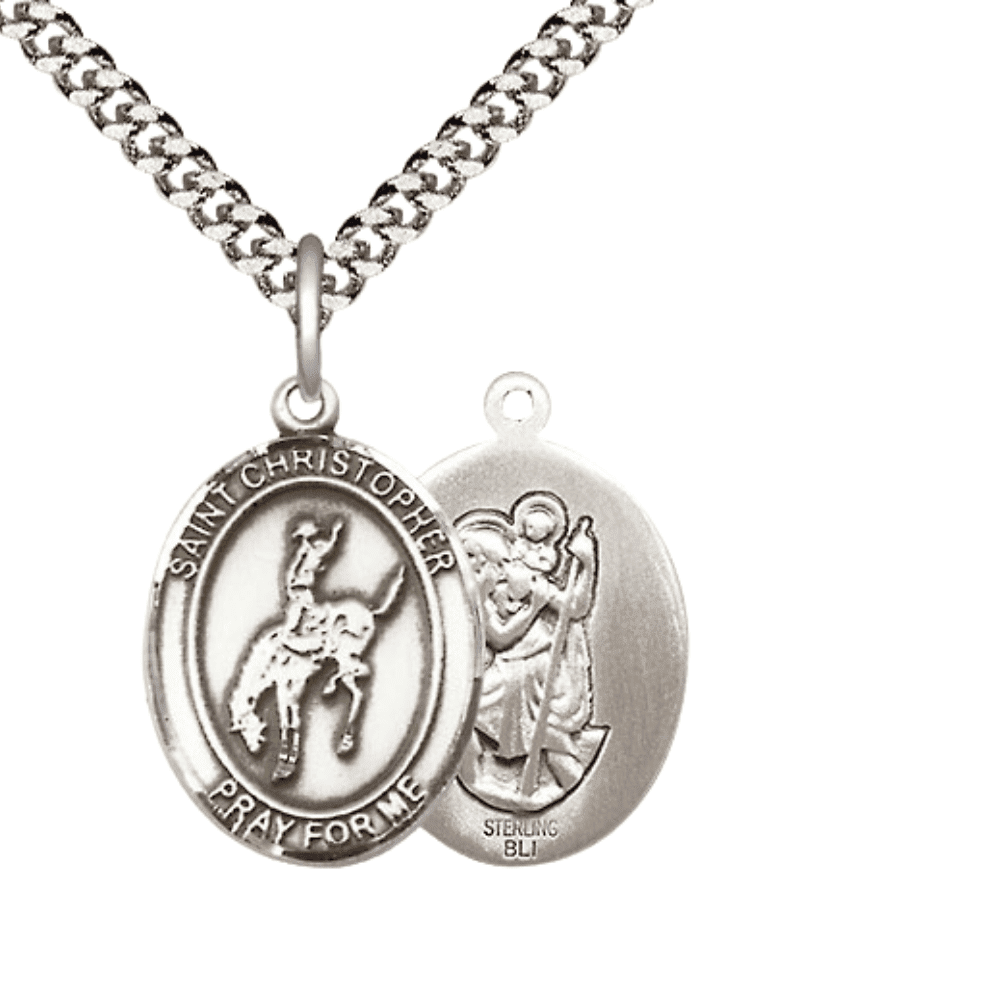 .925 Sterling Silver Saint Christopher Rodeo Medal Pendant on 24 Inch ...