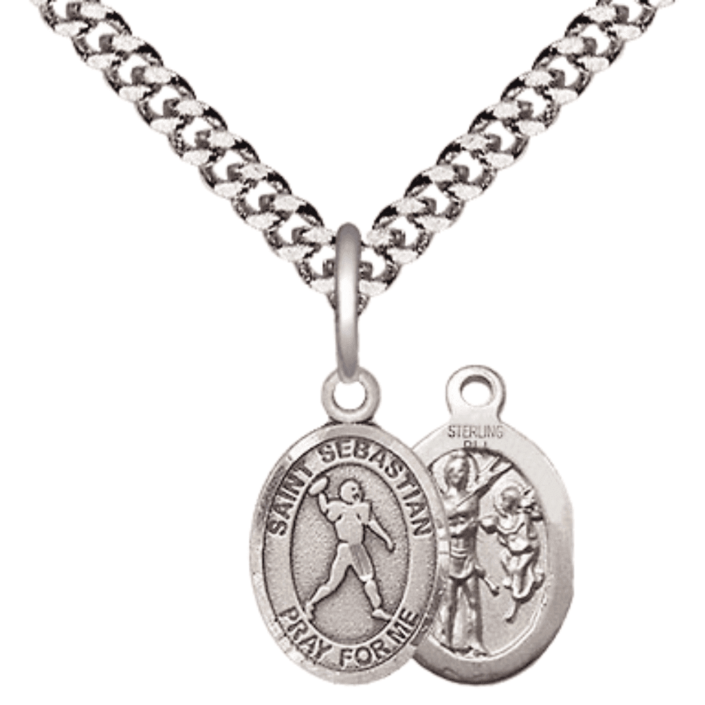 Small .925 Sterling Silver Saint Sebastian Football Medal Pendant on 24 ...