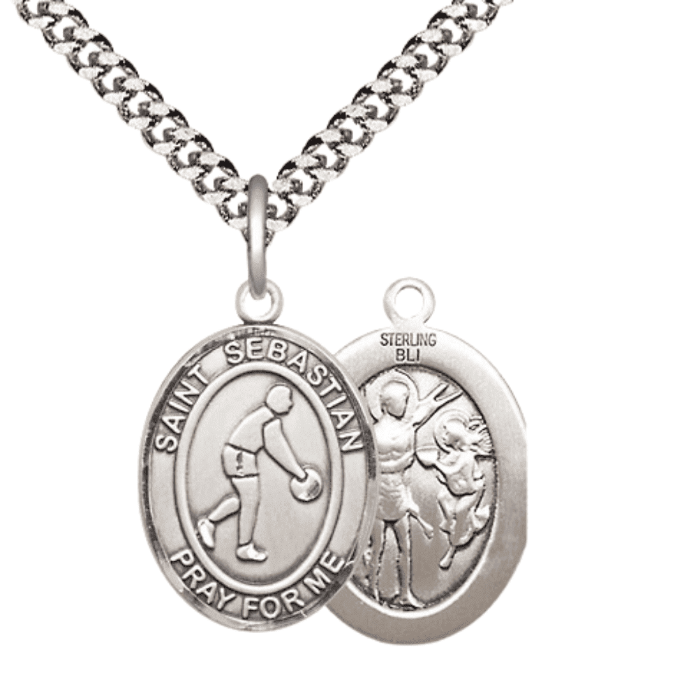 .925 Sterling Silver Saint St. Sebastian Basketball Medal Pendant on 24 ...
