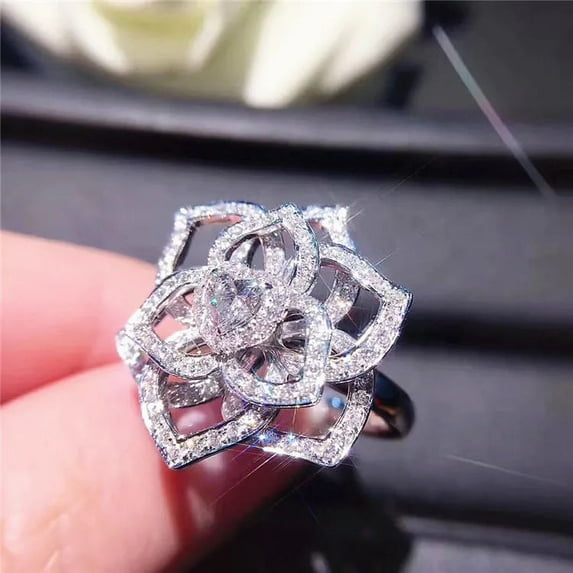 925 Sterling Silver Shining Flower Ring Heart Shape Cubic Zirconia ...
