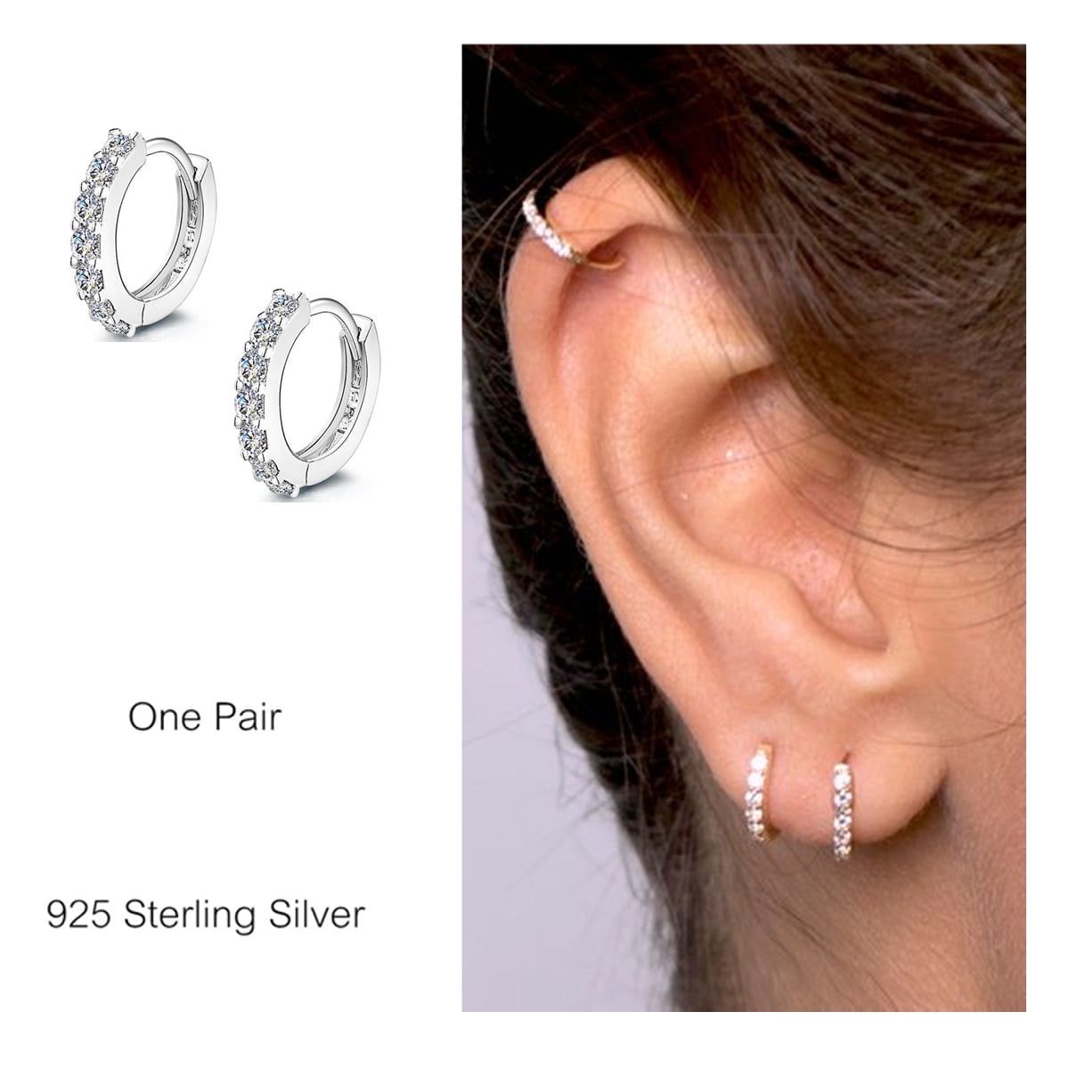 925 Sterling Silver Small Hoop Earrings Cubic Zirconia Cartilage ...