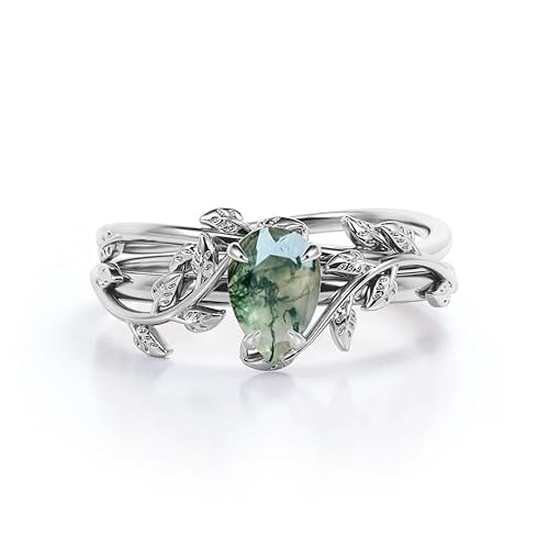 925 Sterling Silver Sole Stone 1 carat Pear Green Moss Agate Nature ...