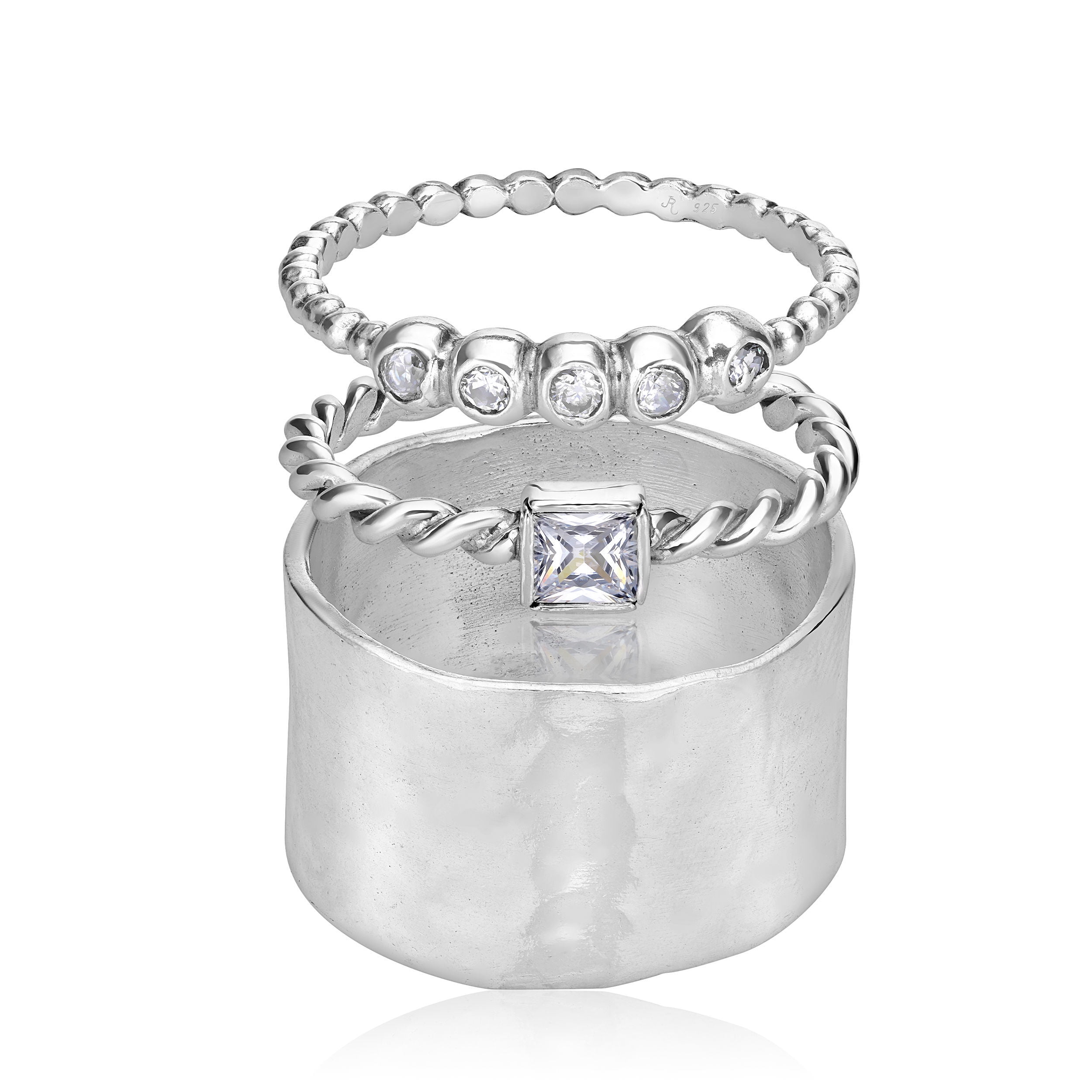 925 Sterling Silver Stack Ring With 1 White Square and 5 Round Cubic ...
