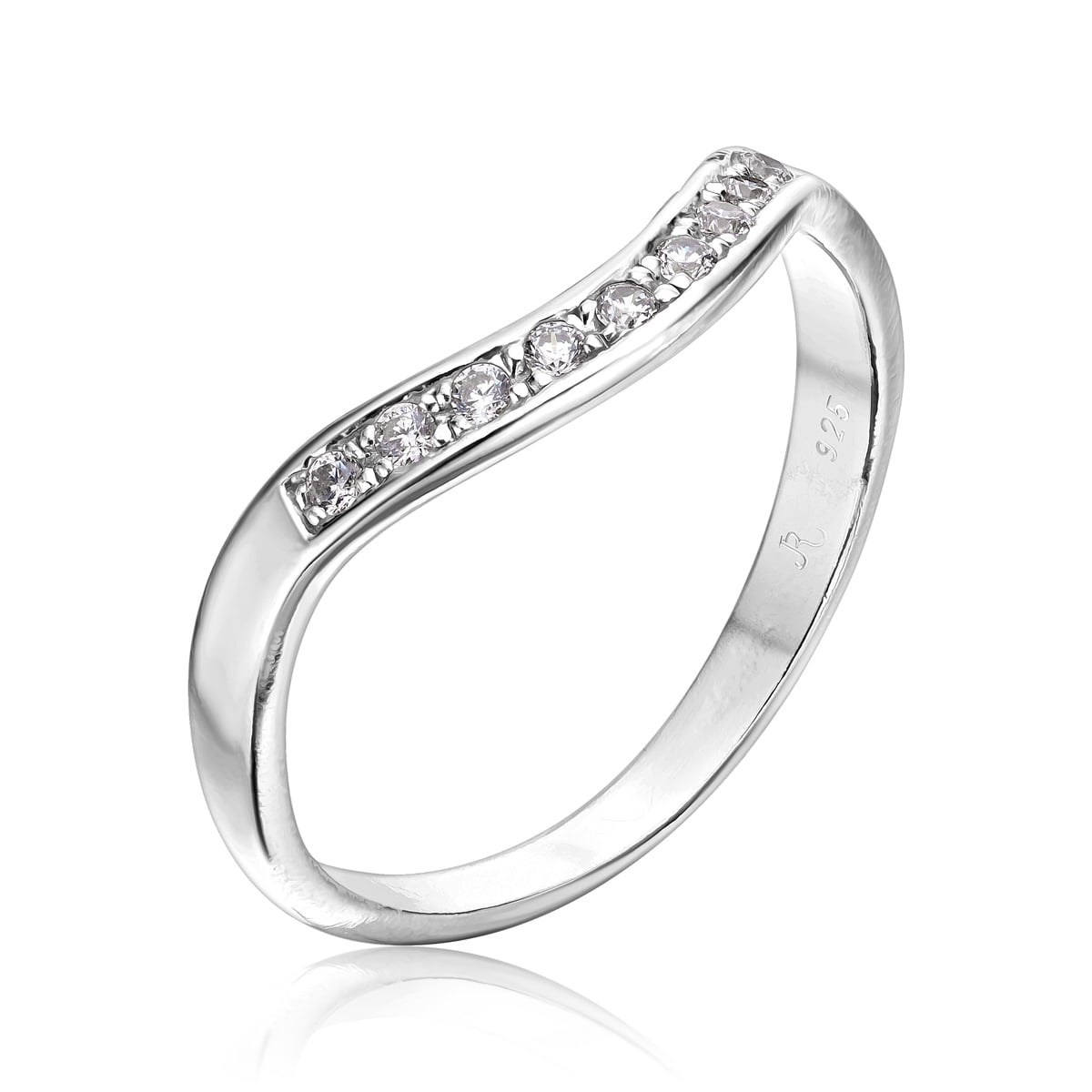 925 Sterling Silver Stack Ring With 18 White Round Cubic Zirconia CZ Pave, Curved Look ...