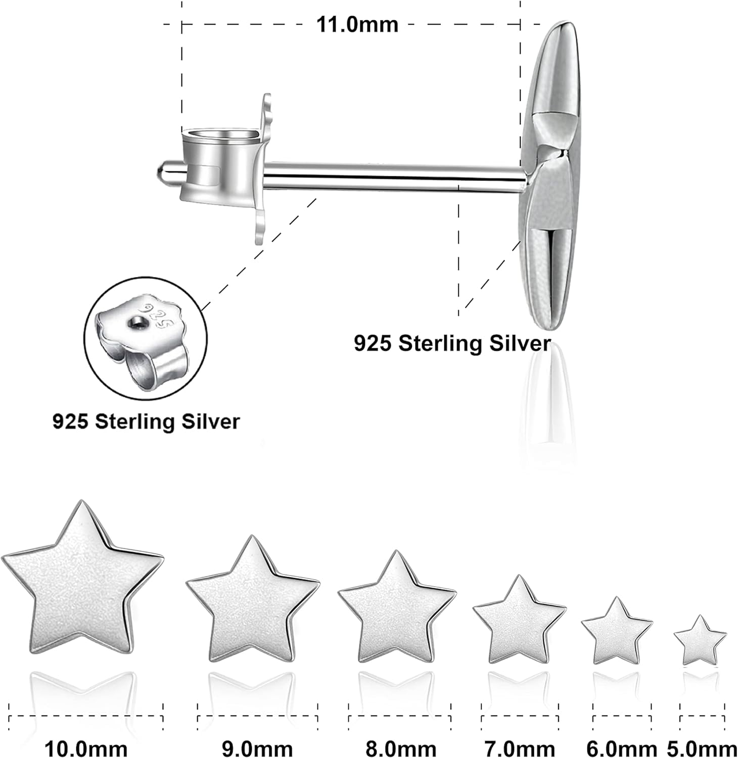 925 Sterling Silver Star Stud Earrings 5Mm-10Mm Options, Stars Studs ...