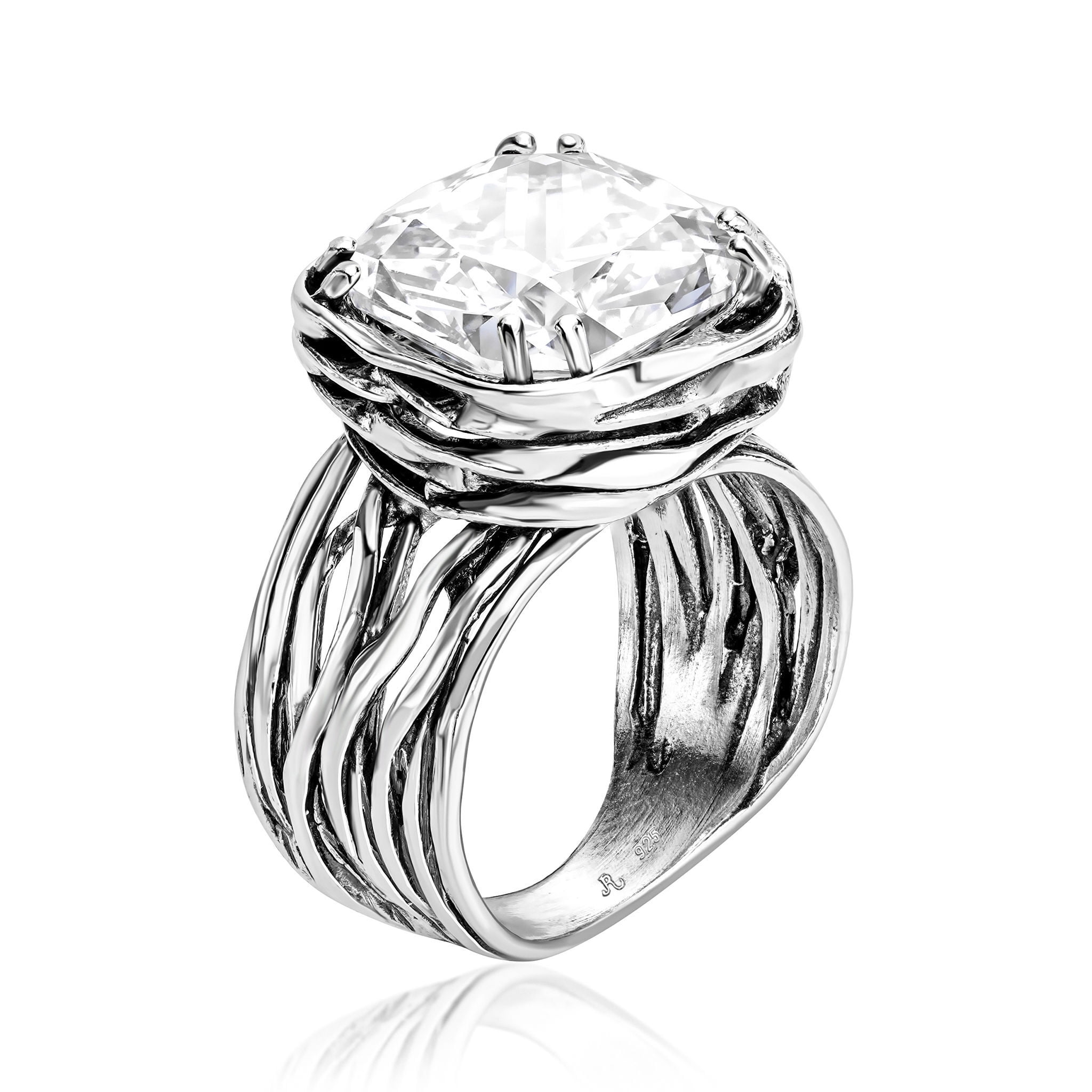 925 Sterling Silver Statement Ring White Cushion Shaped Cubic Zirconia ...