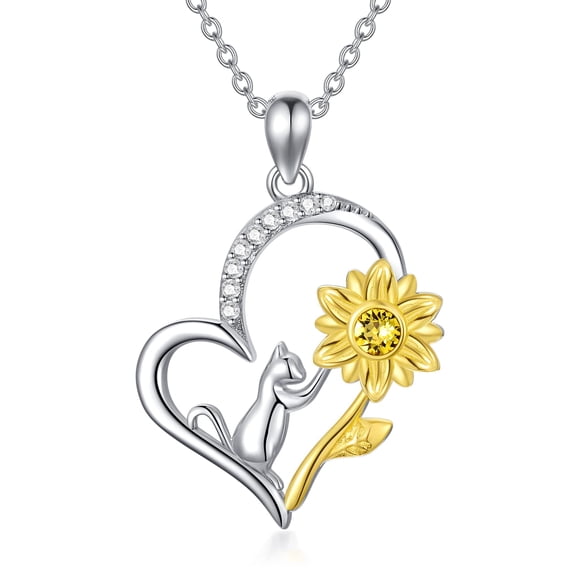 925 Sterling Silver Sunflower Cat Pendant Necklace Cat Lovers Birthday ...