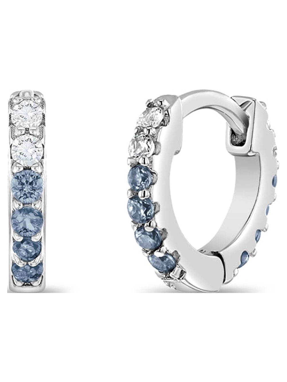 925 Sterling Silver Tiny 7mm Clear & Blue CZ Huggie Hoop Earrings for ...