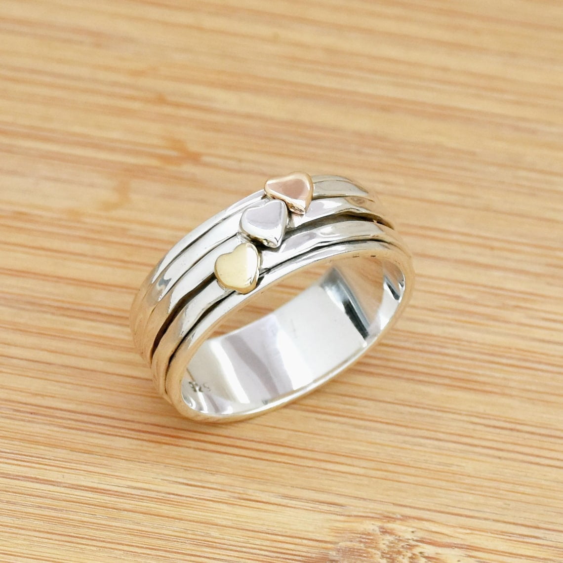 925 Sterling Silver Triple Heart Spinner Ring, Handmade Hammered ...
