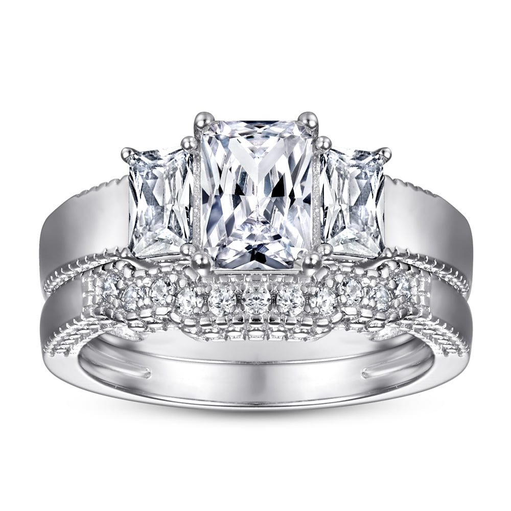 925 Sterling Silver Wedding Rings Sets for Women Three Stone Radian Cut ...