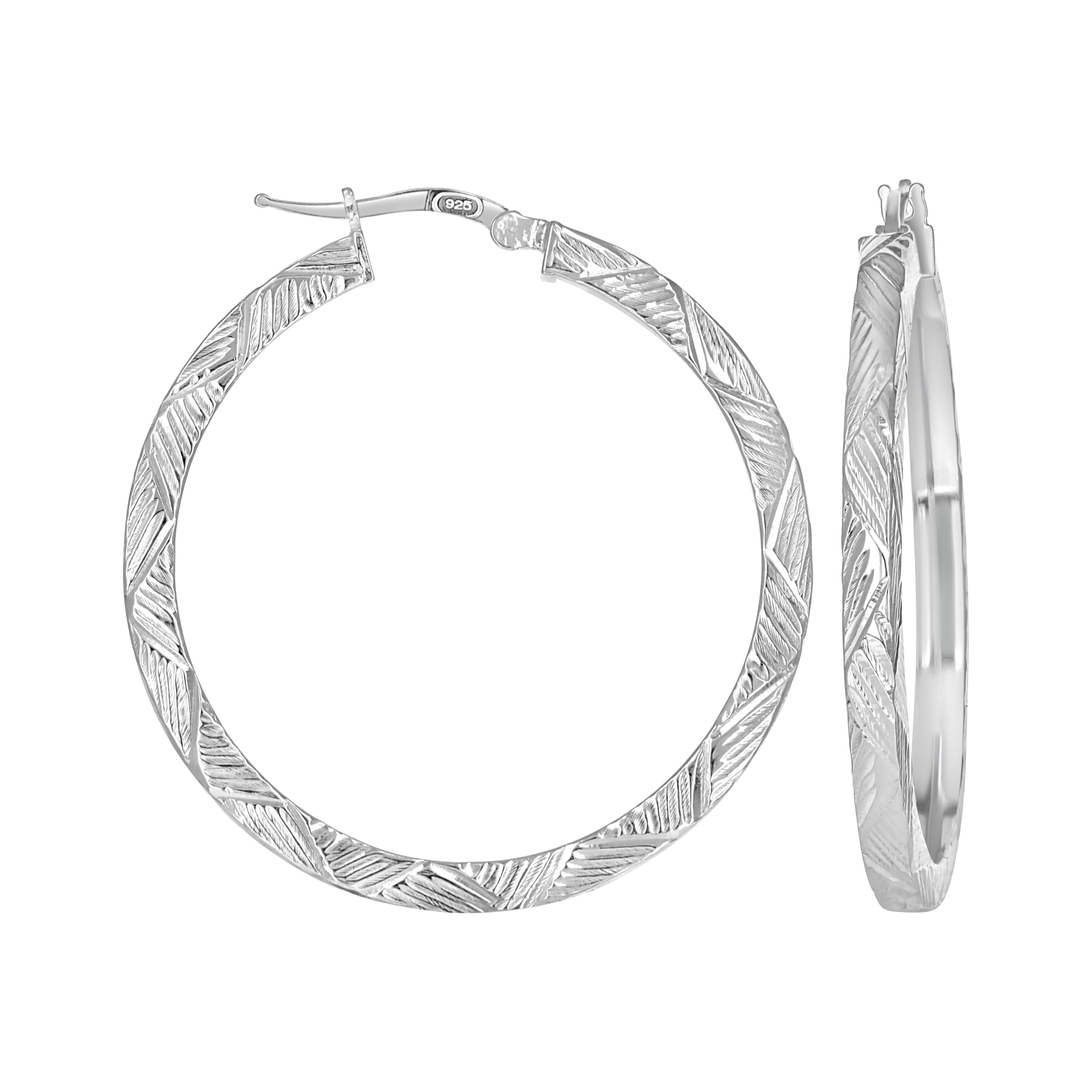 925 Sterling Silver Womens Diamond-Cut Patterned Square Tube Hoop ...