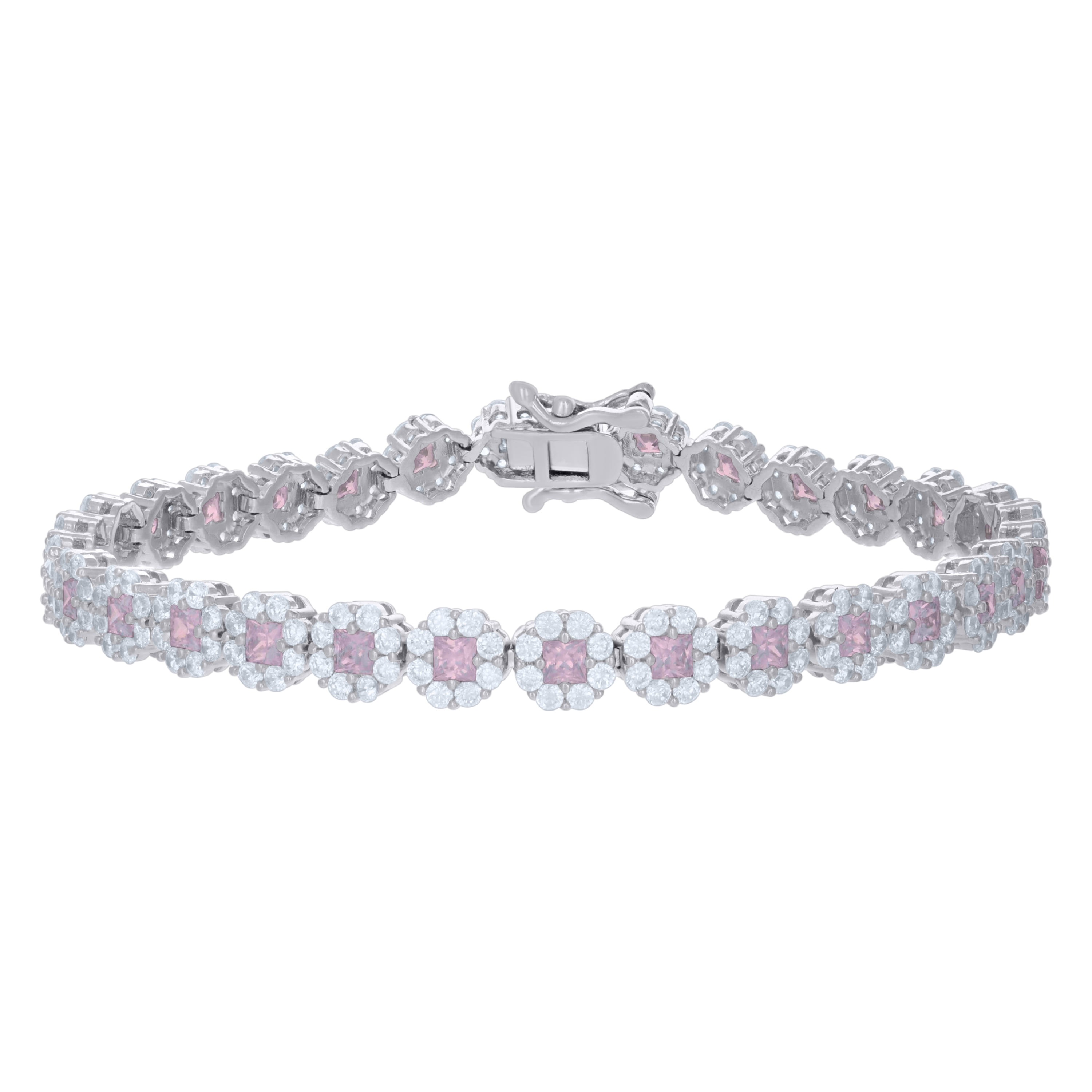 925 Sterling Silver Womens Pink White Cubic-Zirconia Flower Link ...