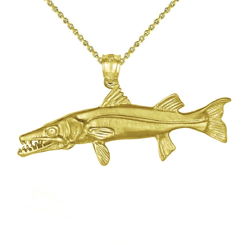 925 Sterling Silver Yellow Gold Plated Necklace w/ Barracuda Fish 3D (3 ...