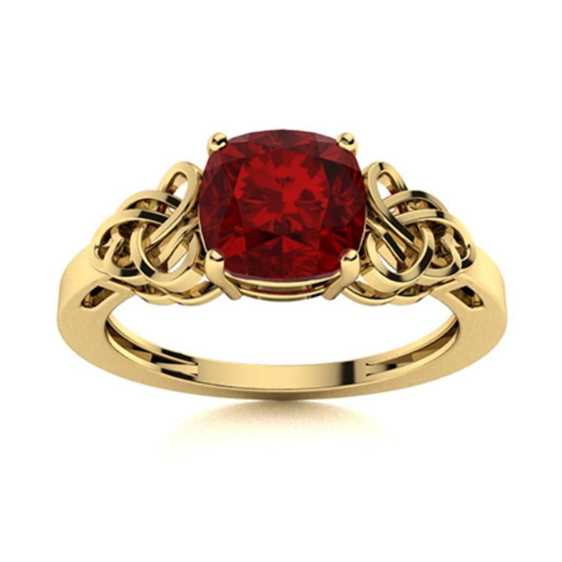 925 Sterling Silver Yellow Plated Solitaire 6MM Cushion Shape Natural Garnet Celtic Ring For ...