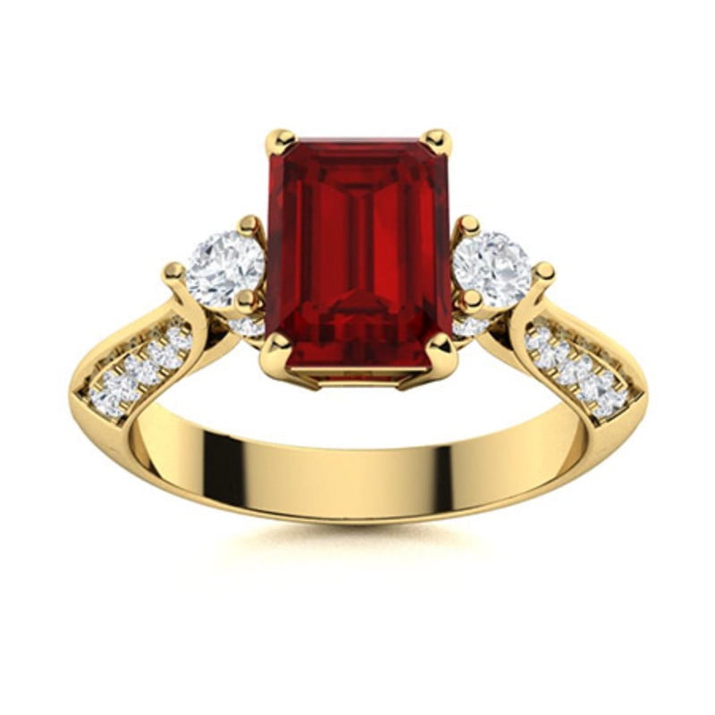 925 Sterling Silver Yellow Plated Three Stone 8x6MM Emerald Cut Red ...