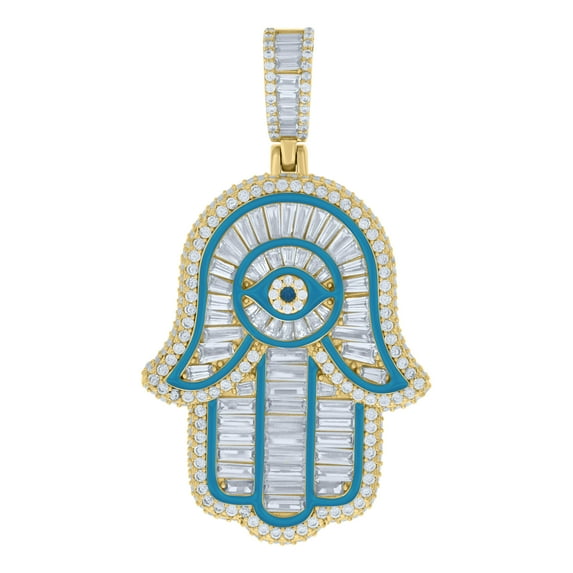 925 Sterling Silver Yellow-tone Mens Baguette Round Cubic-Zirconia Blue ...