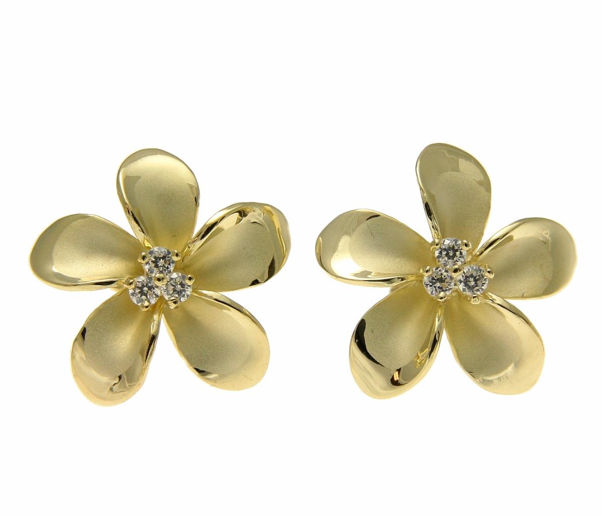 925 Sterling silver yellow gold plated Hawaiian plumeria flower 3 cz ...