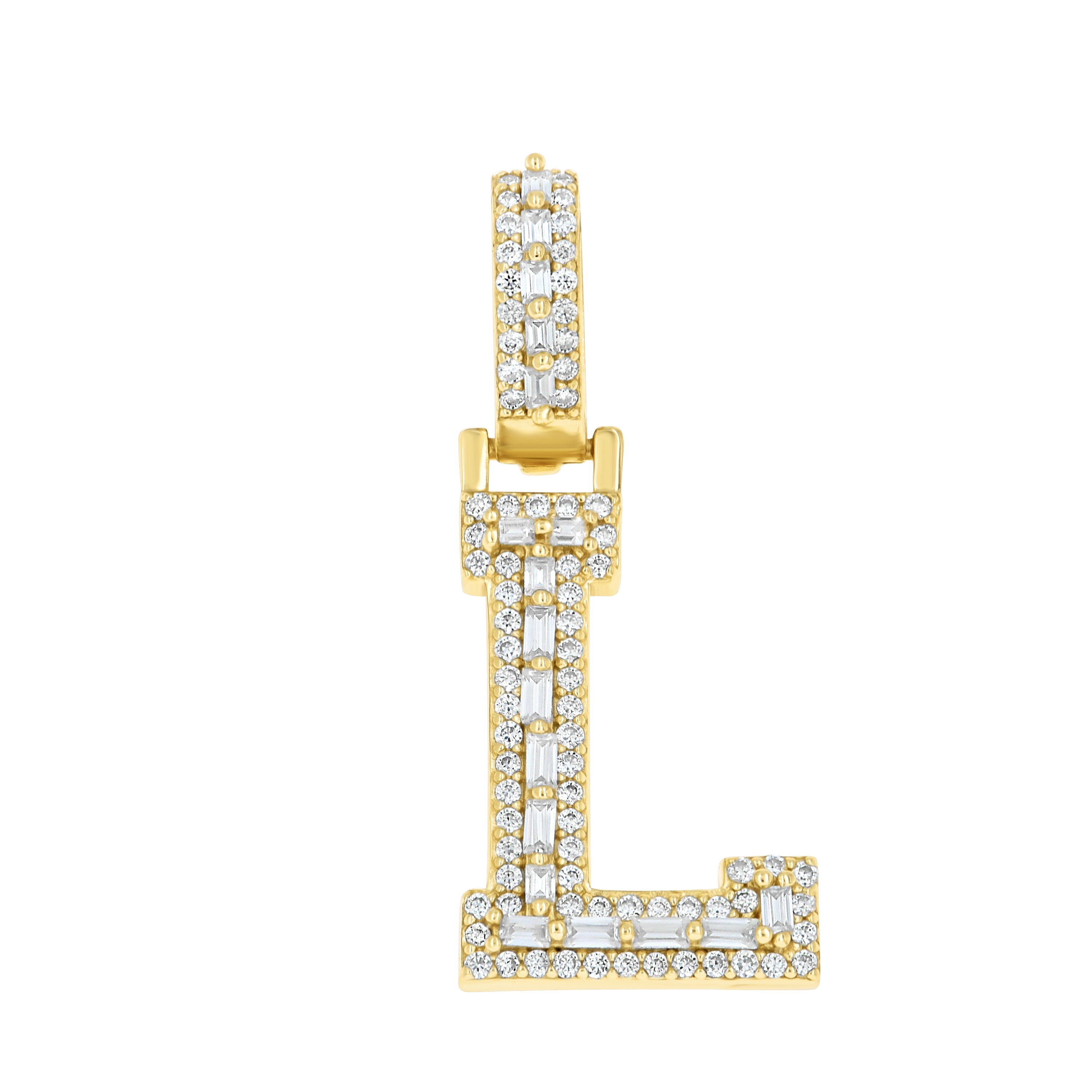 925 Yellow Gold Plated Baguette Moissanite Tiered Block L Initial ...