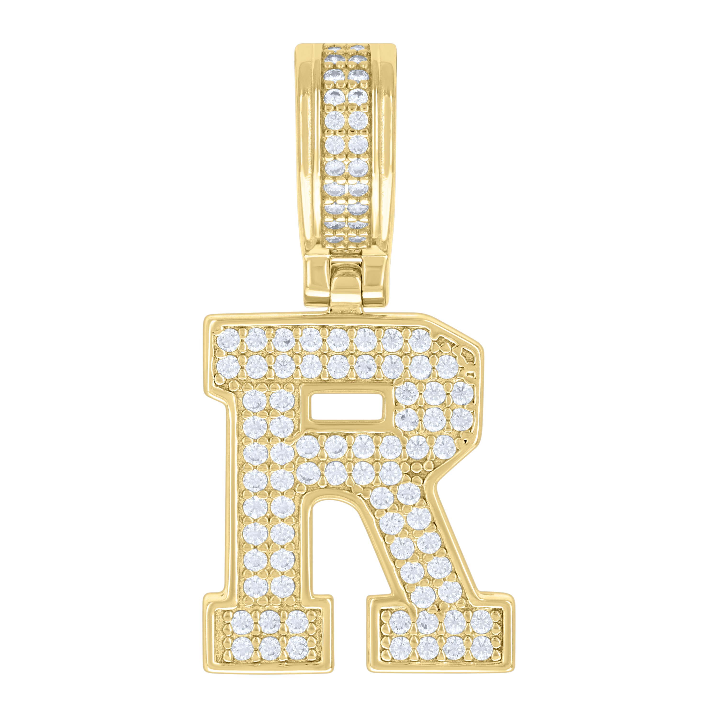 925 Yellow Gold Plated Moissanite Block Letter Cluster R Initial ...