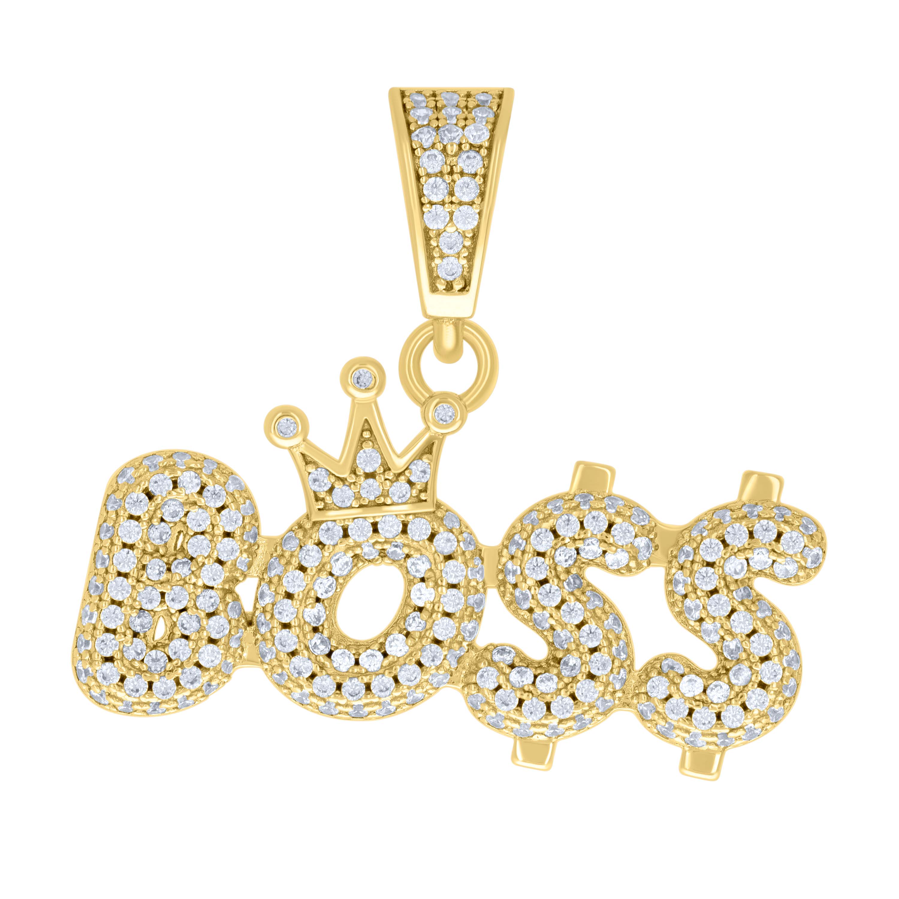 925 Yellow Gold Plated VVS Moissanite Bubble Font Crown BOSS Pendant 1. ...