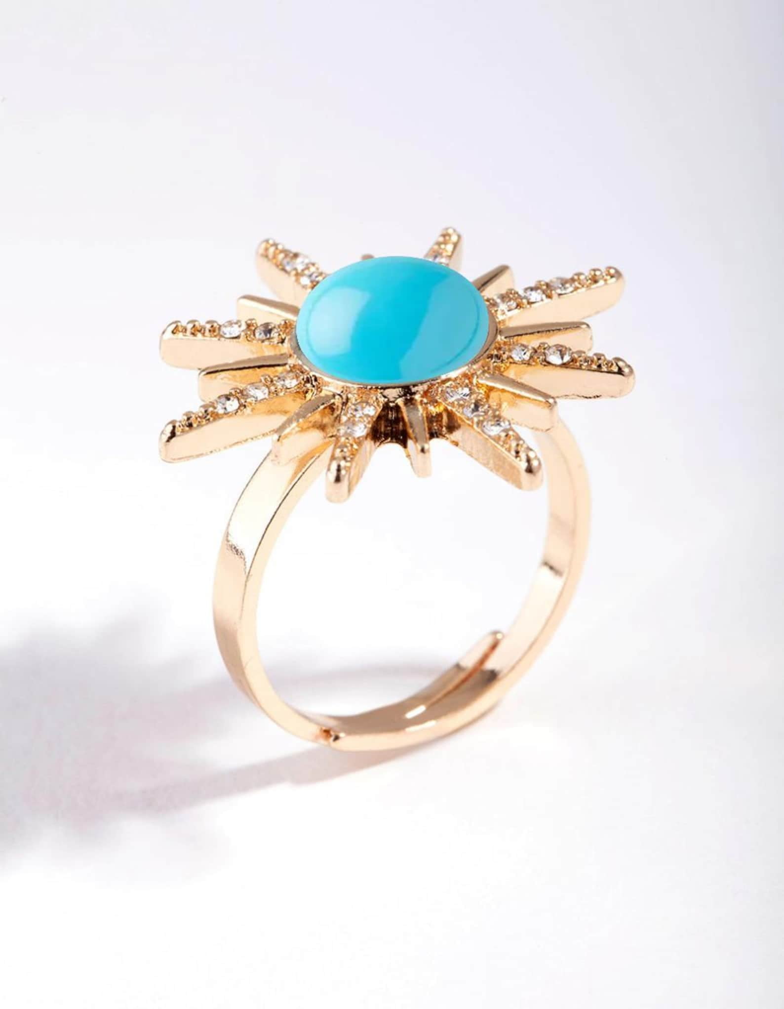 925 lab Turquoise Starburst Ring,Opal Starburst Ring,Celestial Jewelry,Silver Charm Ring,Blak ...