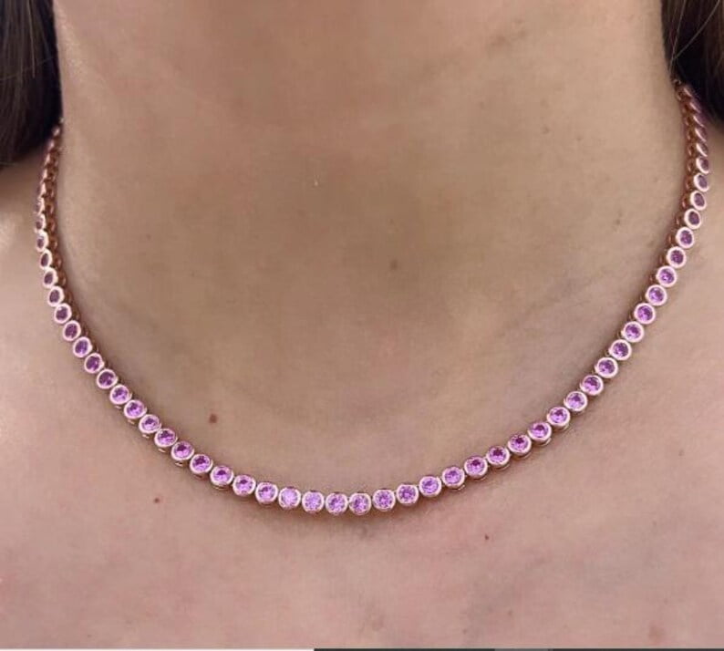 925 silver Lab Pink Sapphire Tennis Necklace,Lab Pink Sapphire ...