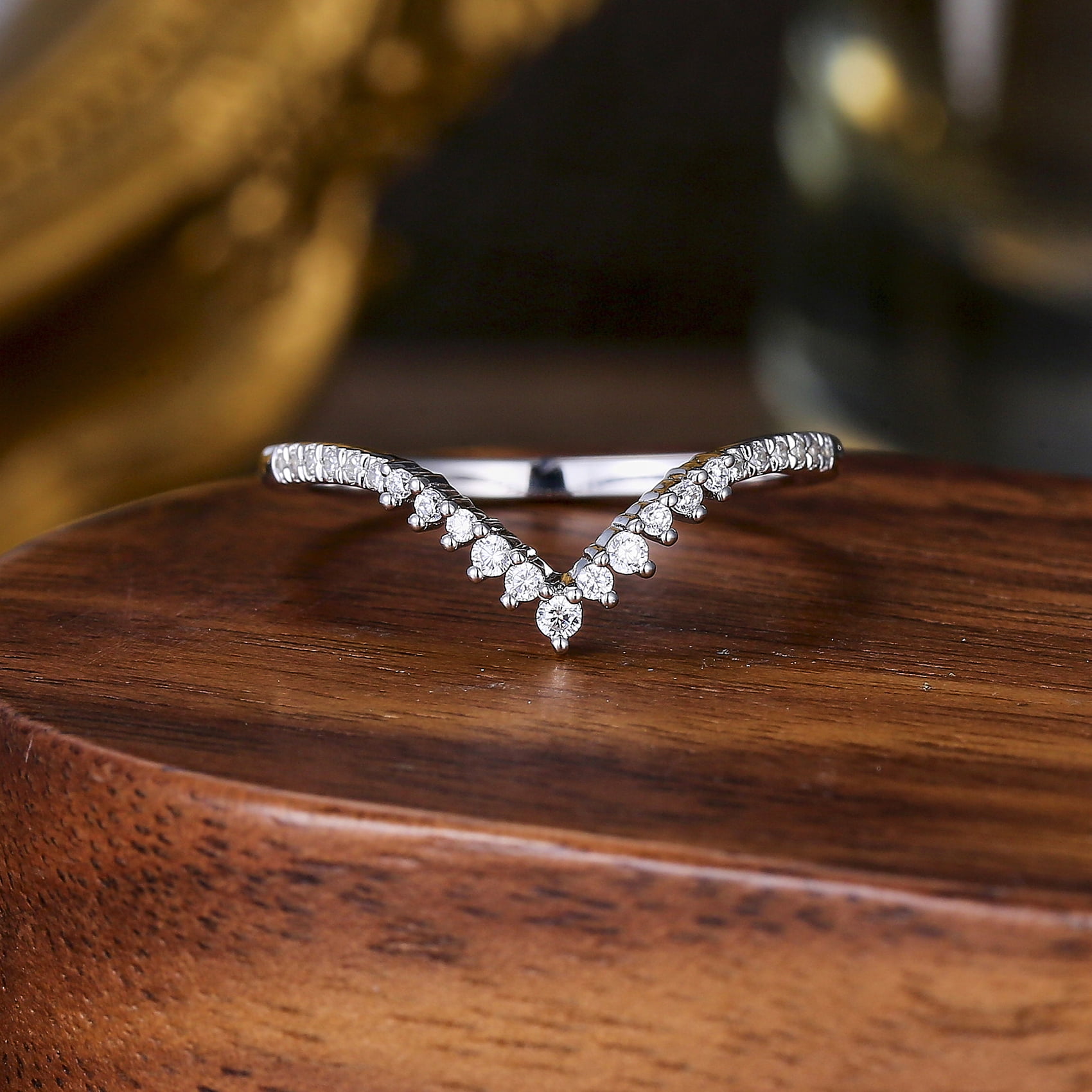 925 sterling silver 14K White Gold Moissanite V Shape Wedding Ring ...