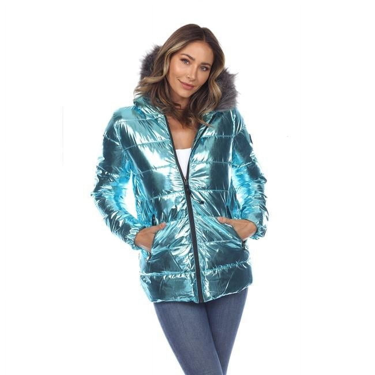 927-02-XL Women Metallic Puffer Coat with Hoodie, Light Blue - Extra ...