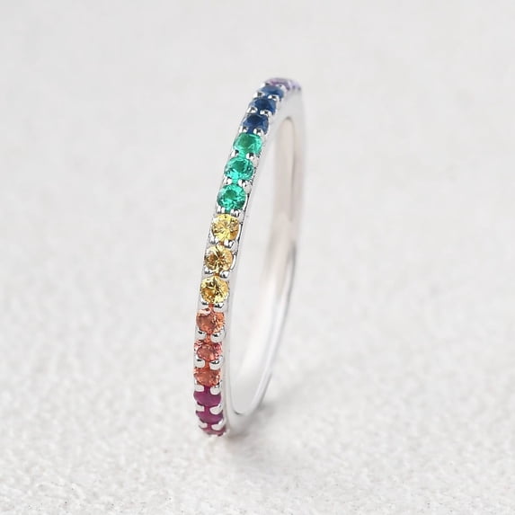 929 Sterling Silver Rainbow Gemstones Half Eternity Ring Ombre Multi ...