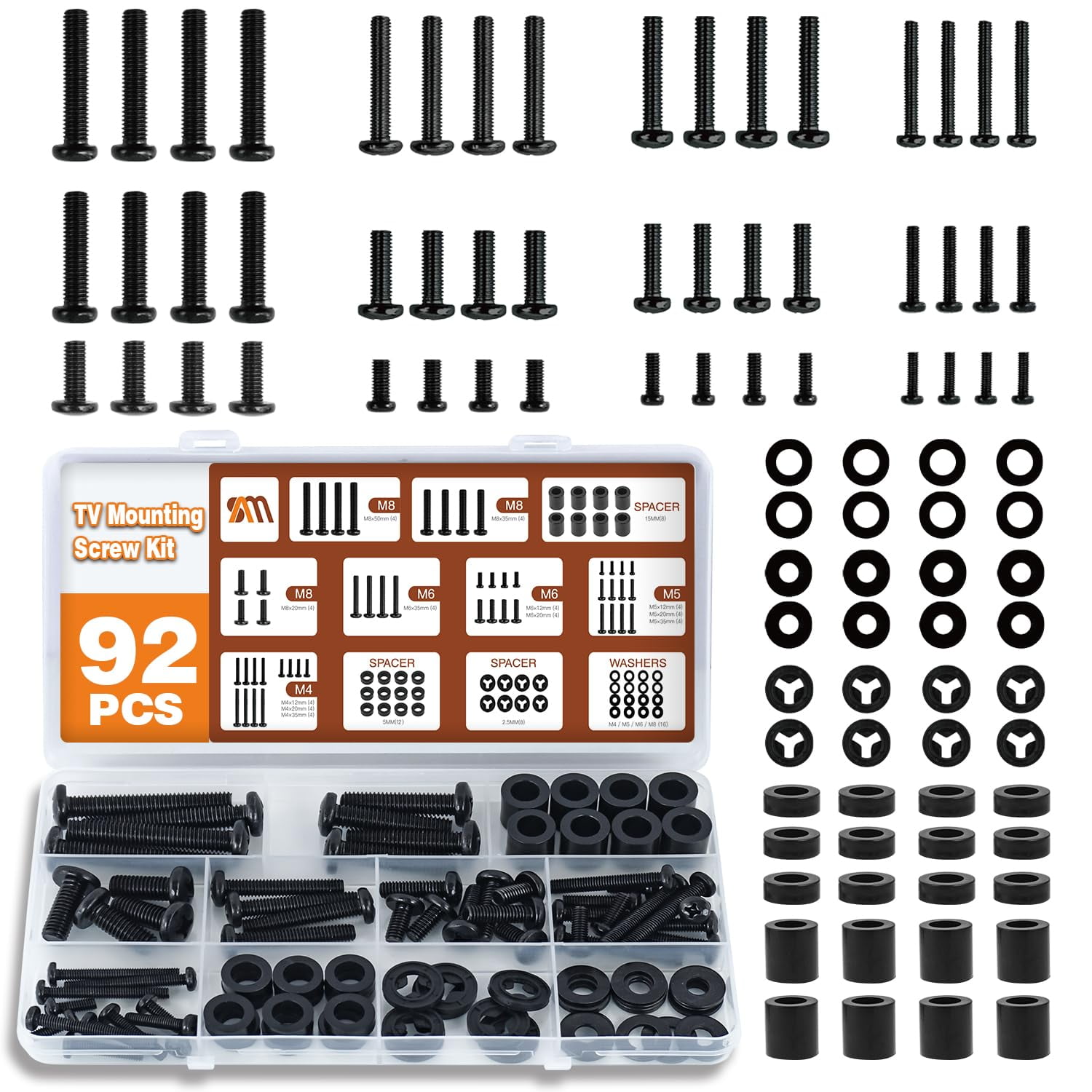 92PCS Universal TV Mounting Hardware Screw Kit Set - M4 M5 M6 M8 Screws, Spacers and Washers for ...