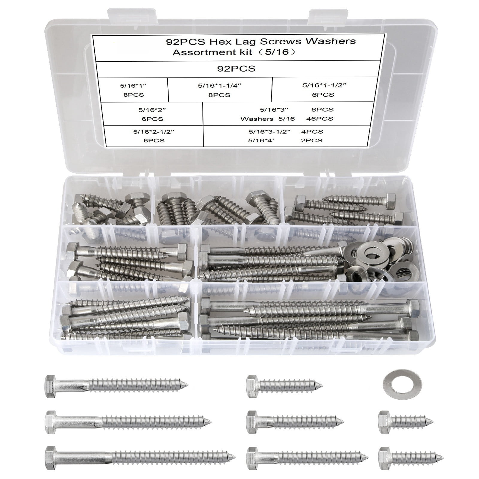 92Pcs Hex Lag Bolts Screws Washer Assortment Kit, 304 Stainless Steel ...