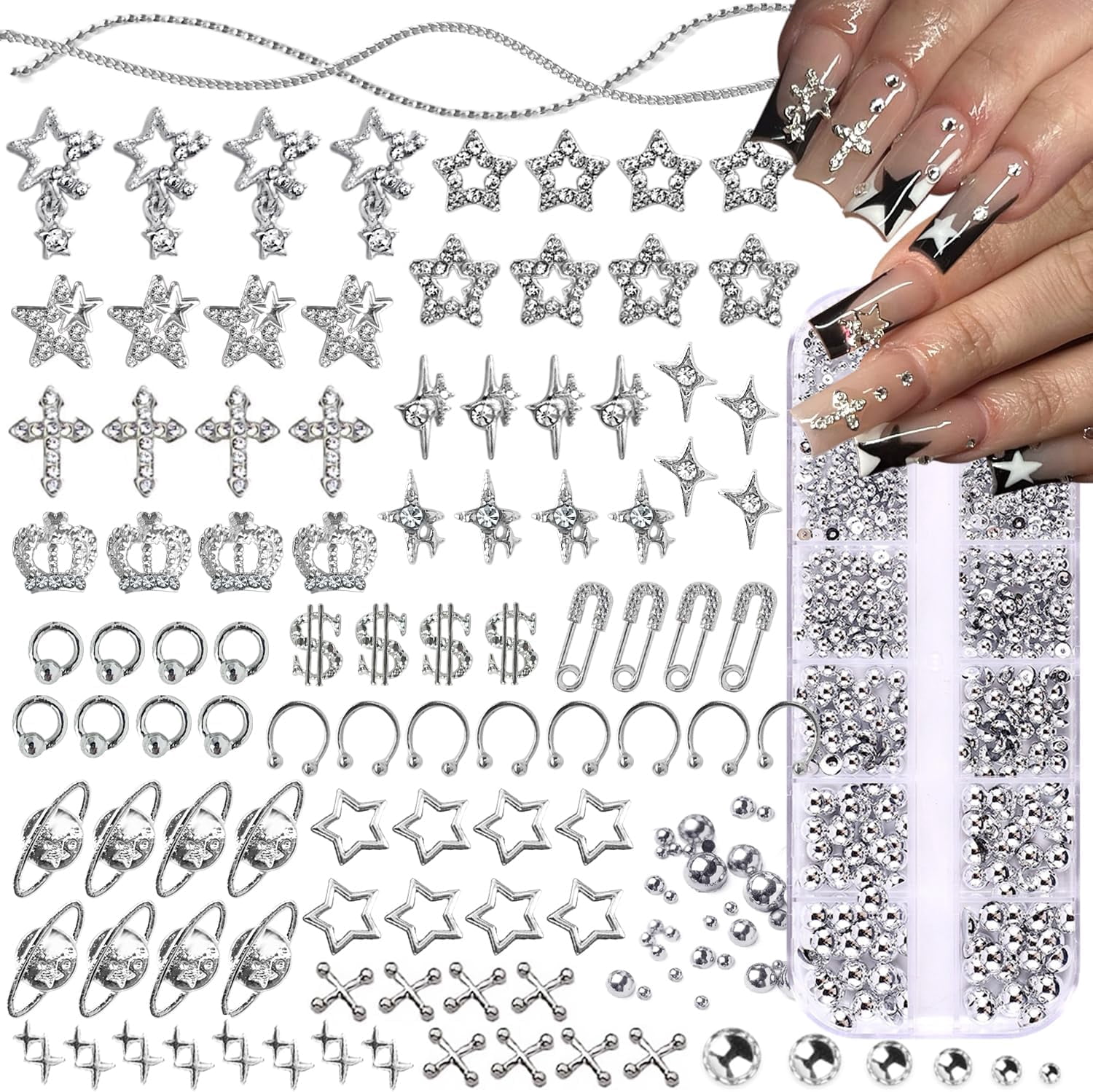 92pcs Star Nail Charms, 1 Box Silver Nail Pearls for Crafting Flat Back ...