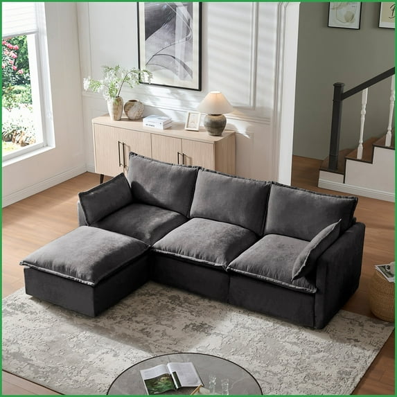 93.31” Modern Modular L-Shaped Sofa – Faux Linen, Sturdy Wood Frame for ...