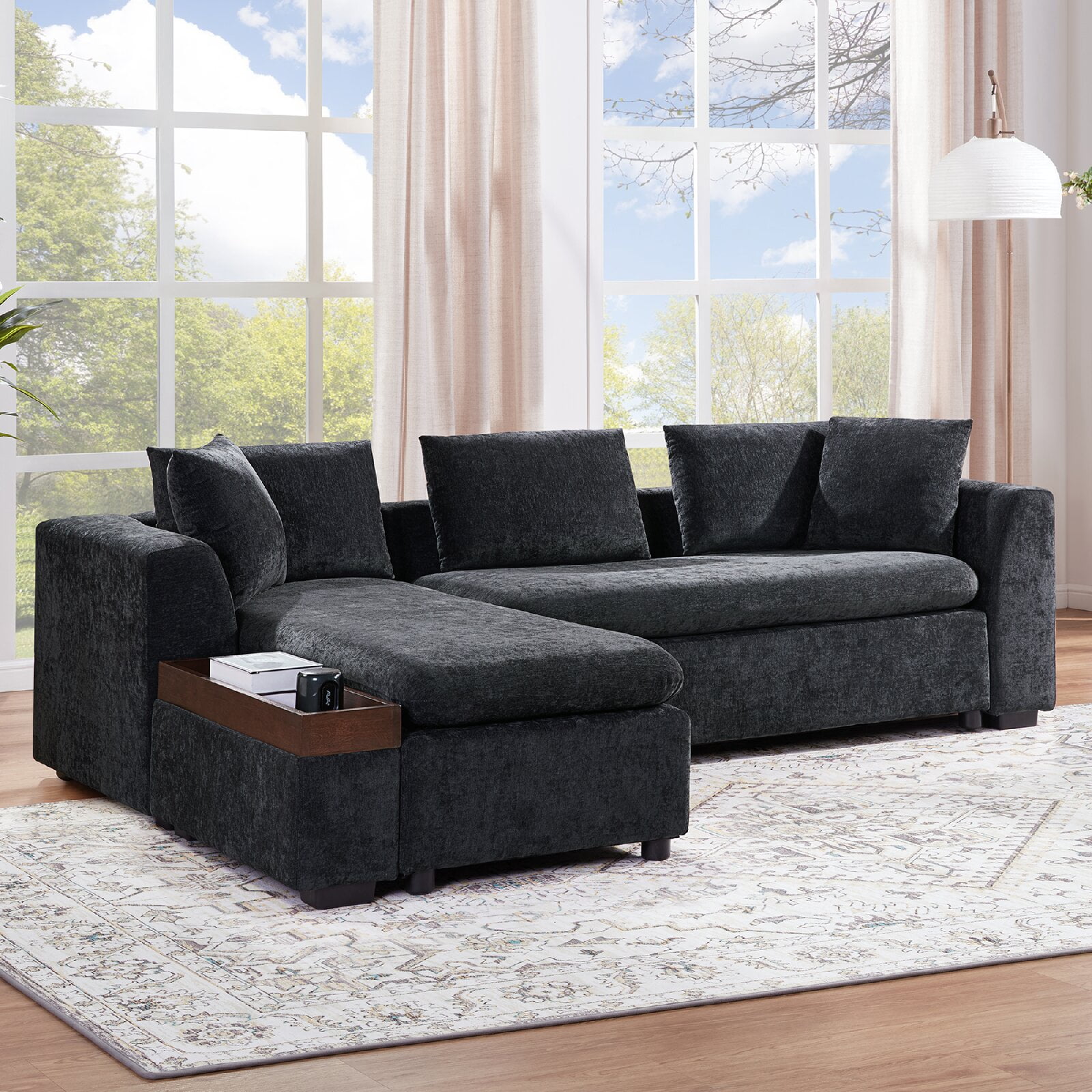 93.7" L-shaped Modular Sectional Sofa with wooden Storage Compartment ...