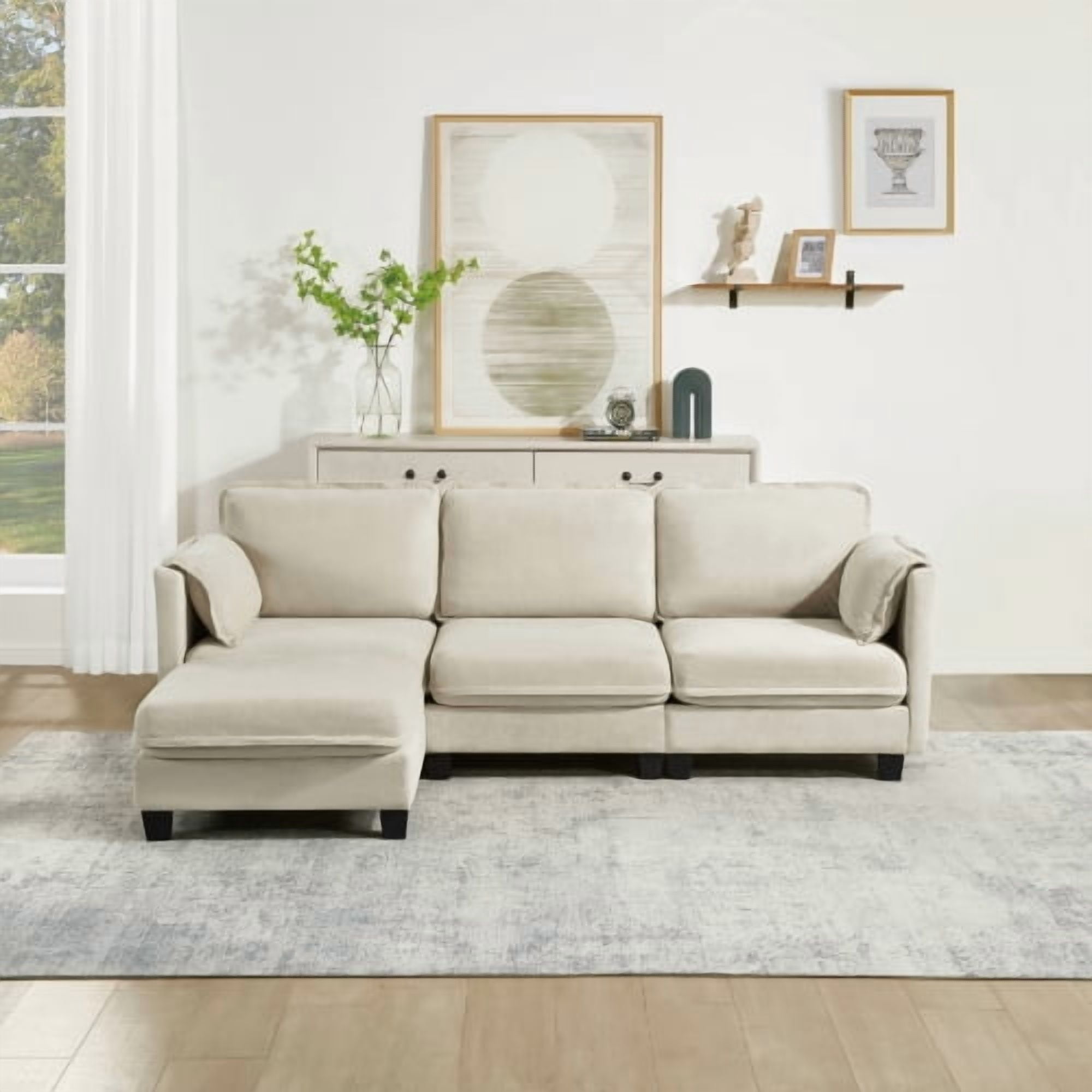 93 Inch L-Shaped Sofa with Storage Armrest, Cotton Linen Fabric 3 ...