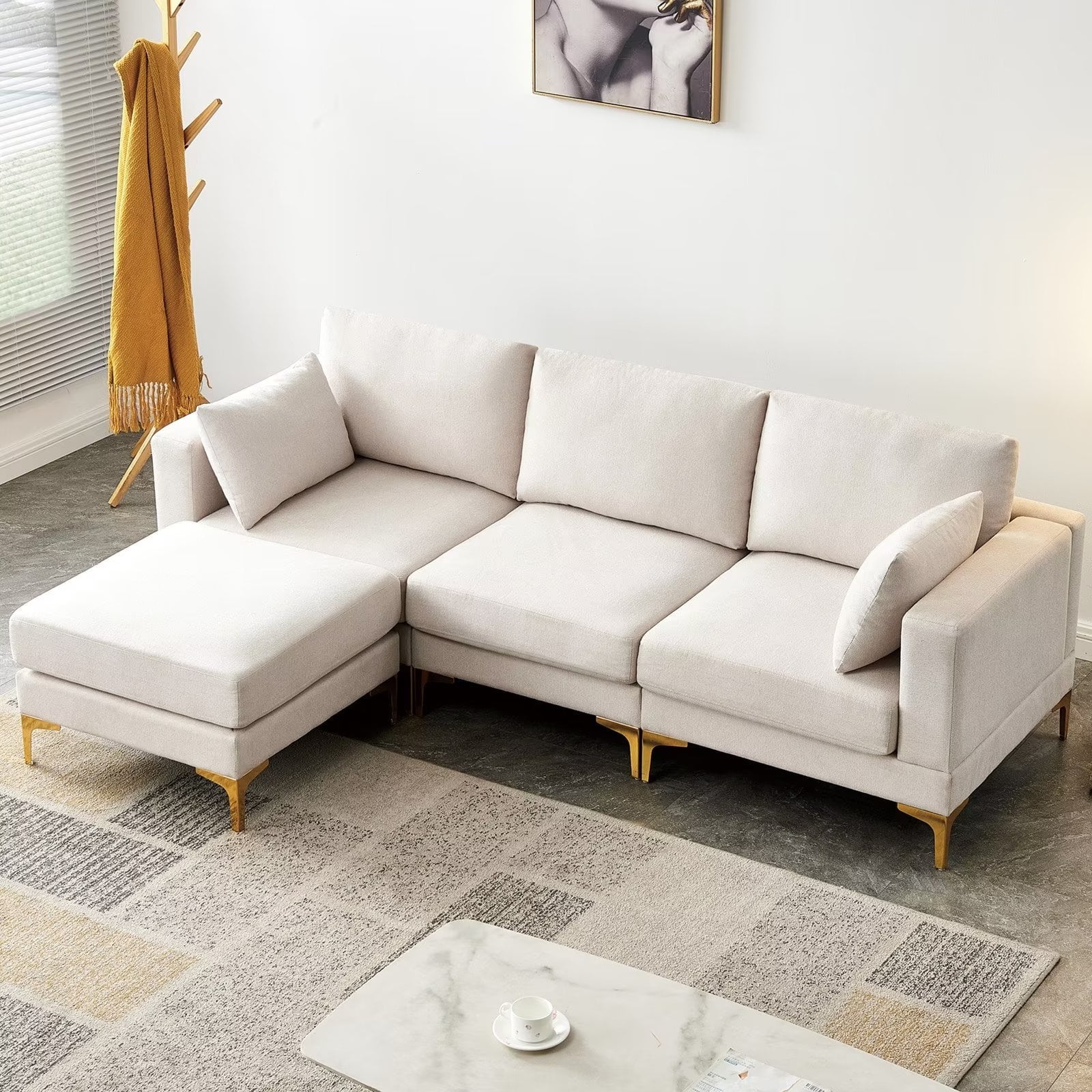 "Modular 93"" L-Shaped Beige Sofa with Removable Ottoman, Metal Legs ...