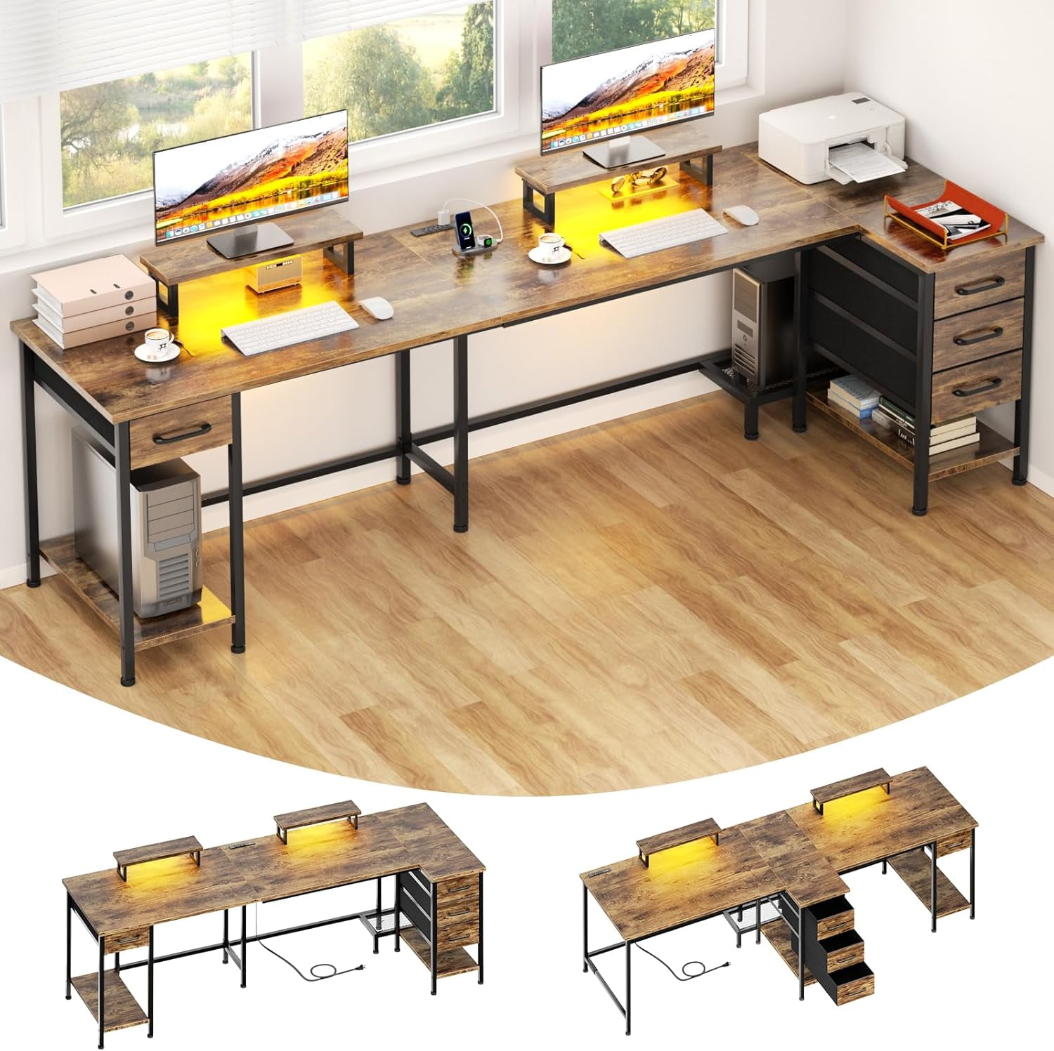 93" Long Desk with Storage, 2 Person Office Desk with Power Outlets ...