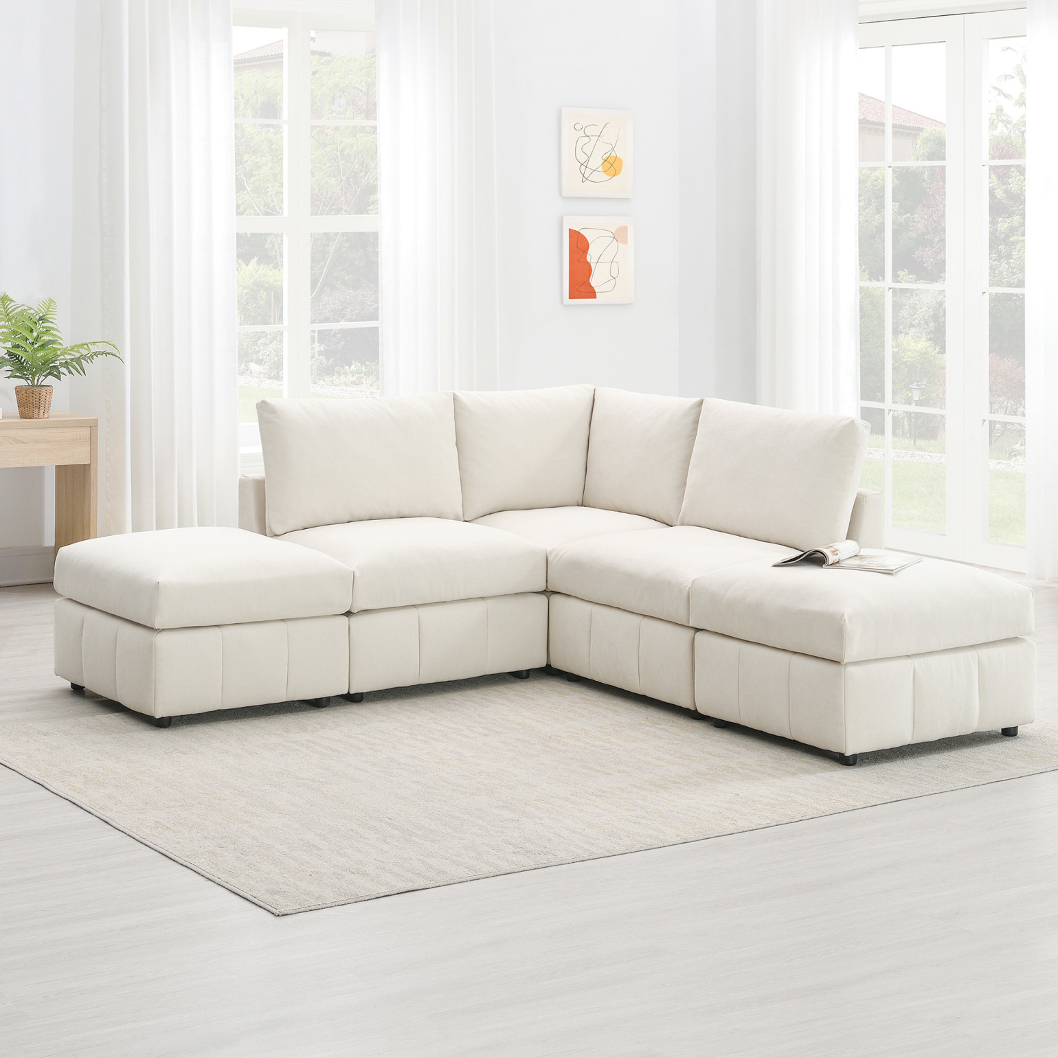 93" Modern Sectional Sofa with Convertible Ottomans, 5-Seat Armless ...