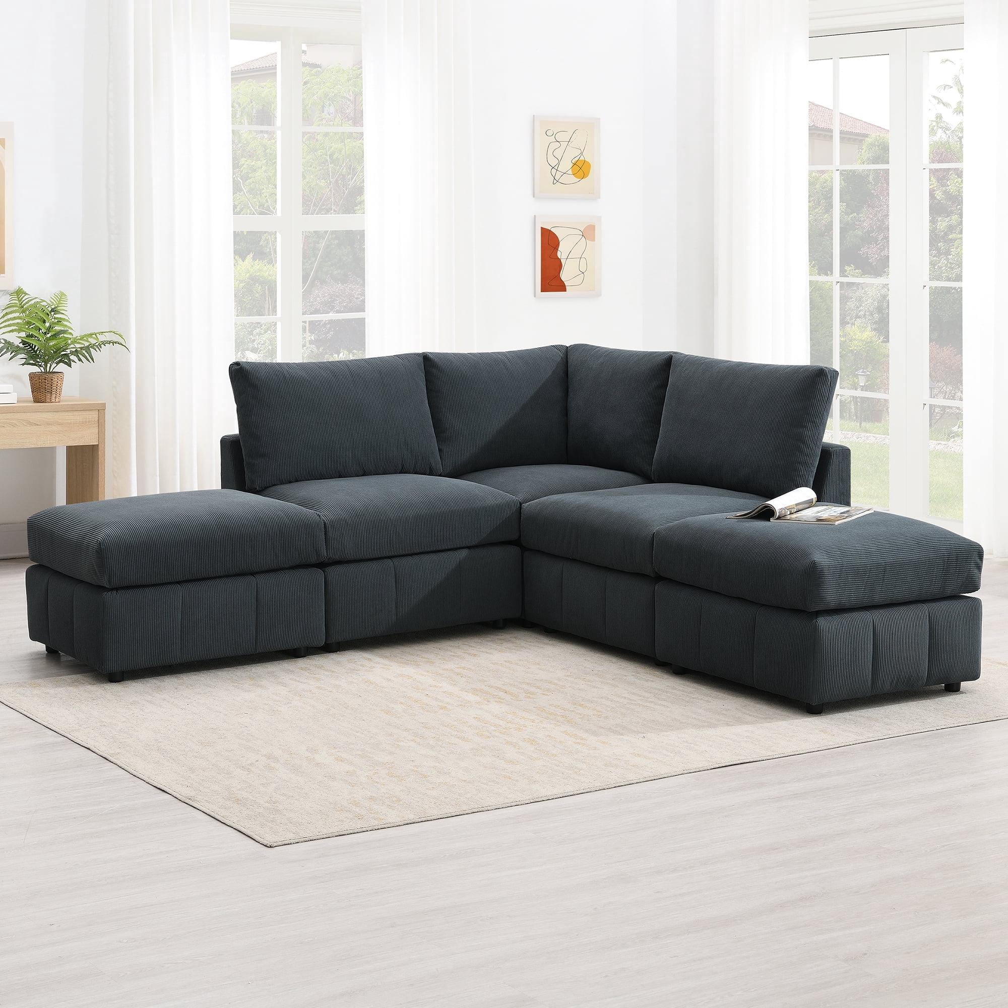 93"Modern Sectional Sofa with Vertical Stripes,5-Seat Armless Couch Set ...