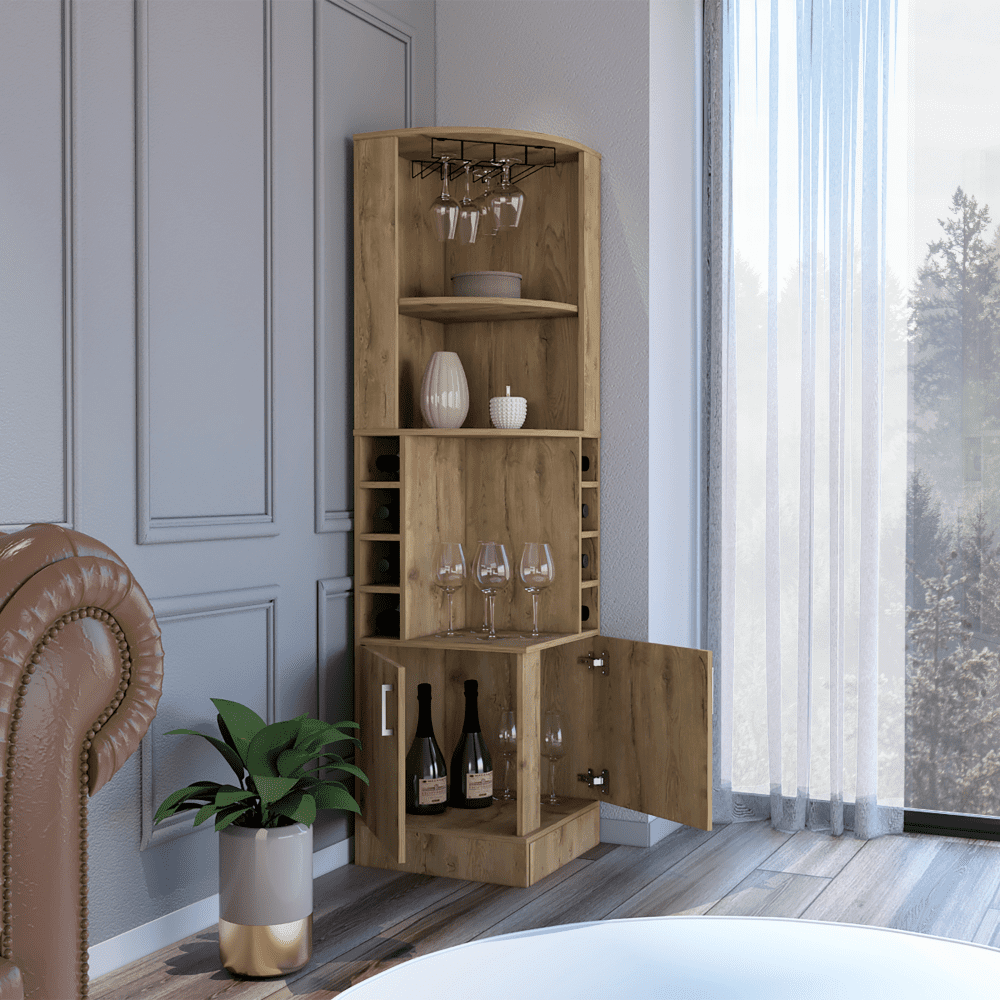 93" Tall Bar Cabinet, Wooden Wine Cabinet with 8 Wine Cubbies, Glass ...