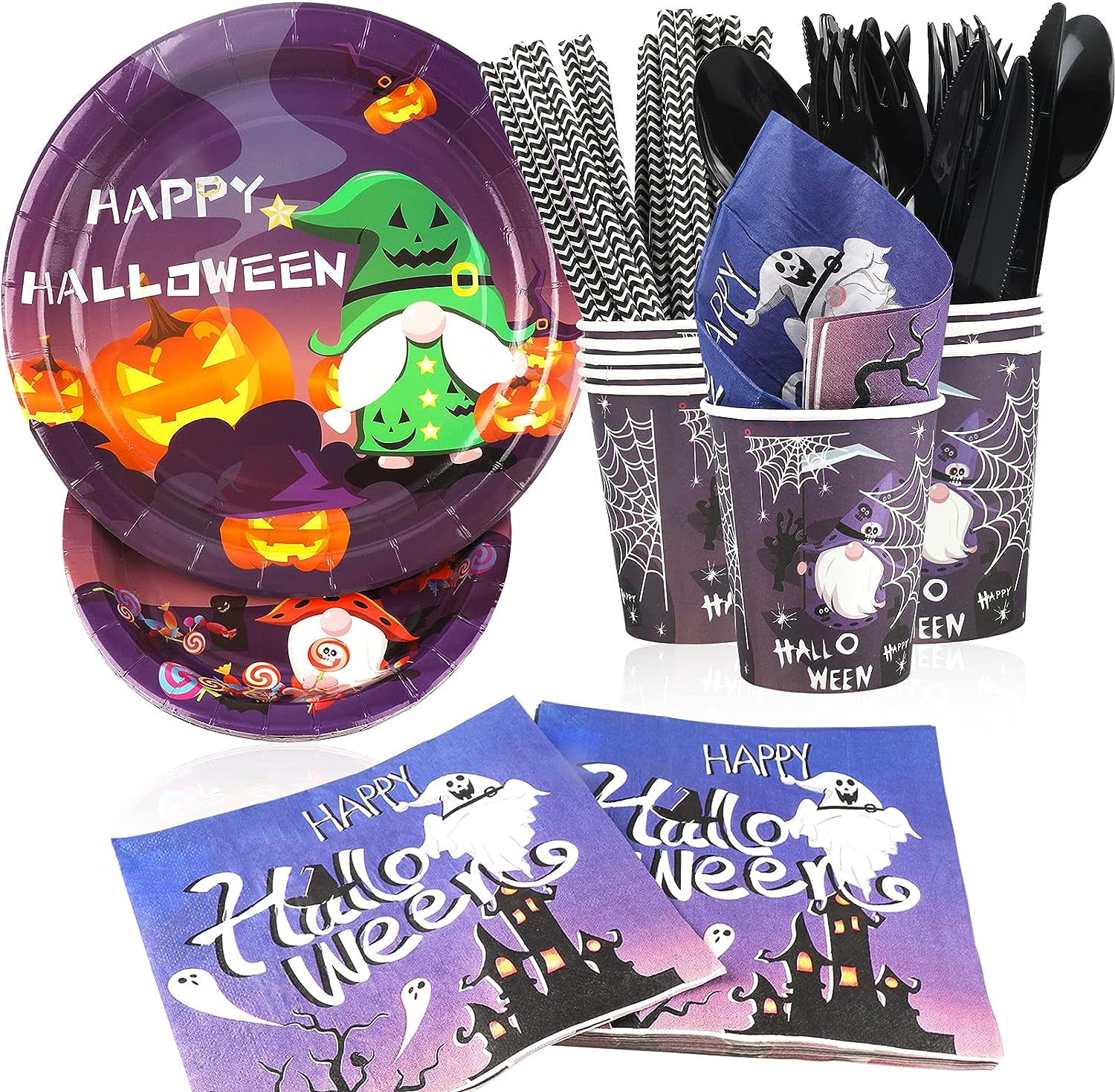 93pcs Halloween Party Tableware Set with Plates Cups Napkins Straws ...