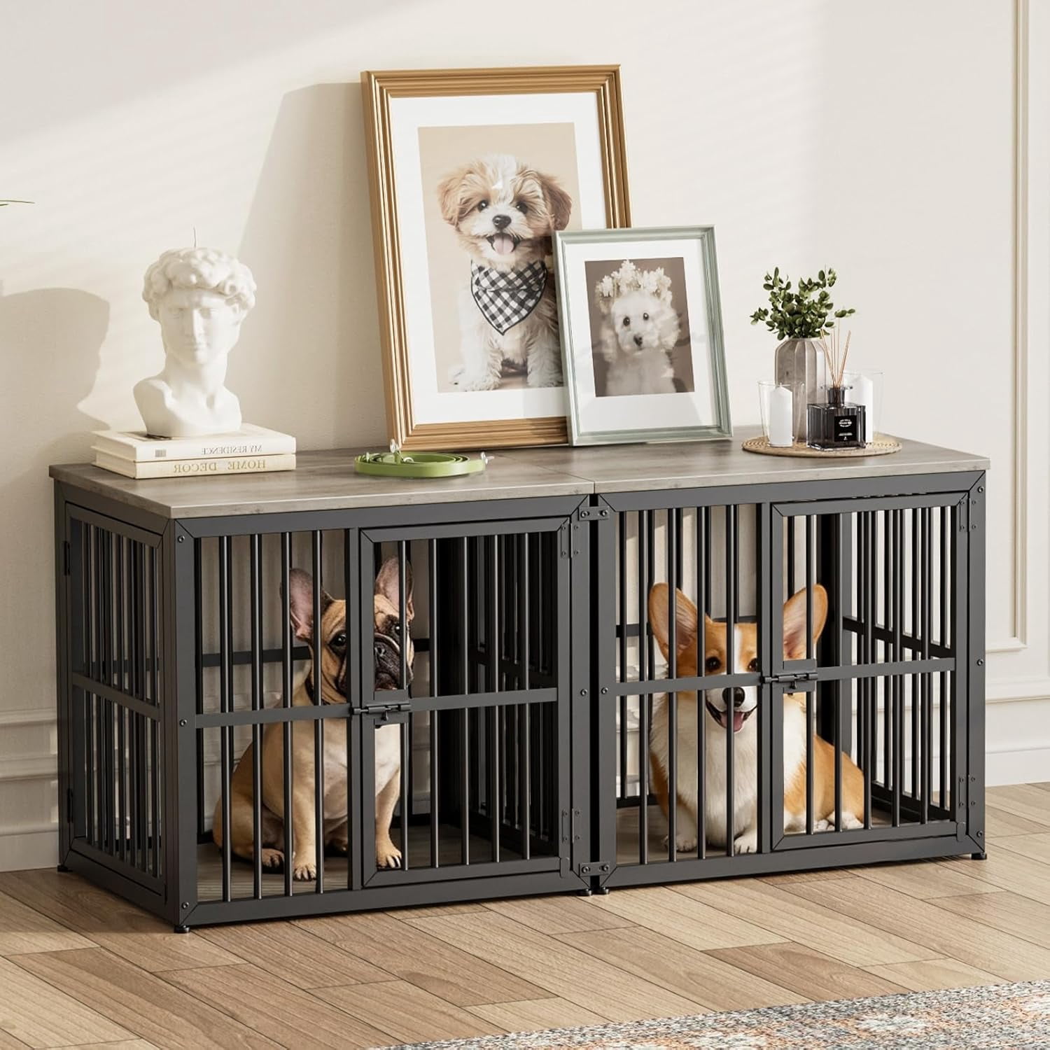 ;; Dog Crate Furniture Large Breed TV Stand with Double Rooms Wooden ...