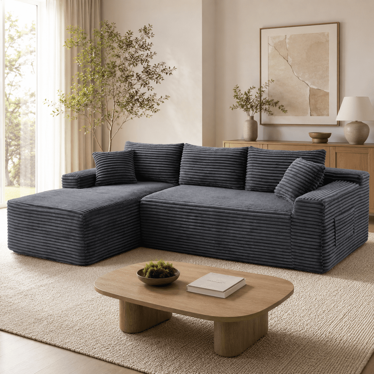 Gray 94.5" Cloud Corduroy L-Shape Modular Sofa, 4-Seater Deep ...
