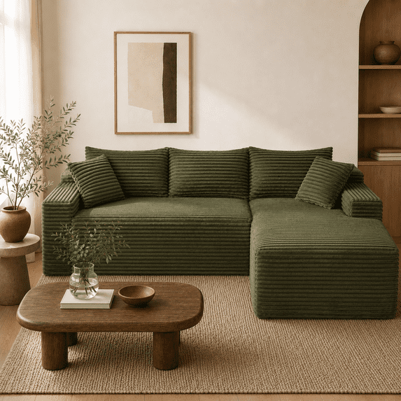 94.5" Green Corduroy L-Shaped Sectional Sofa in a Box, 4-Seat ...